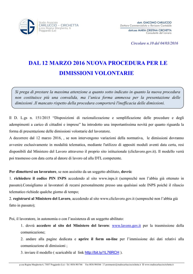 DAL 12 MARZO 2016 NUOVA PROCEDURA PER LE DIMISSIONI VOLONTARIE | PDF