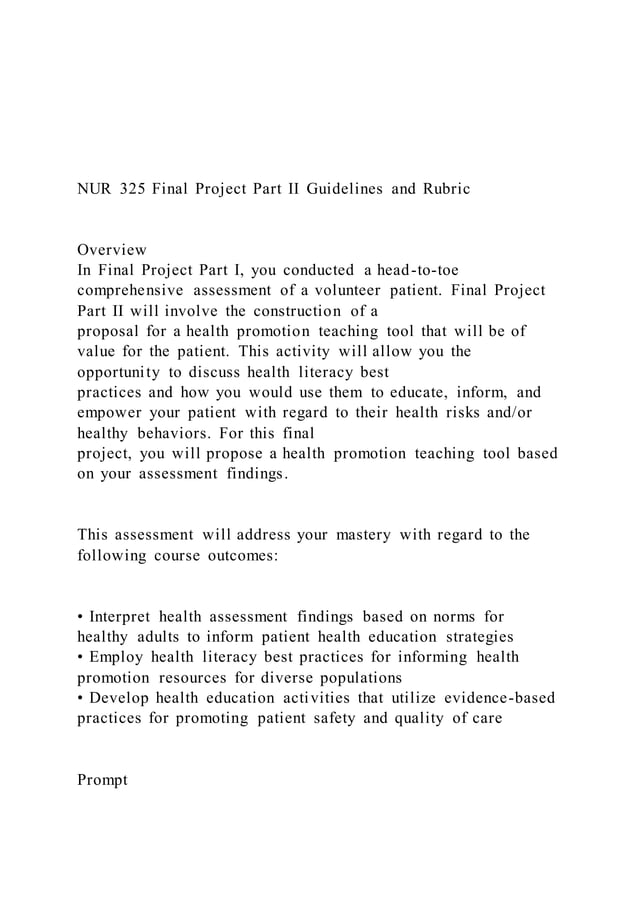 NUR 325 Final Project Part II Guidelines and Rubric O | DOCX