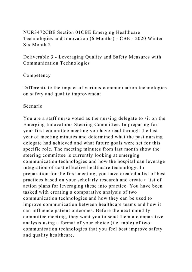 NUR3472CBE Section 01CBE Emerging Healthcare Technologies and Innova.docx | Healthcare Industry ...