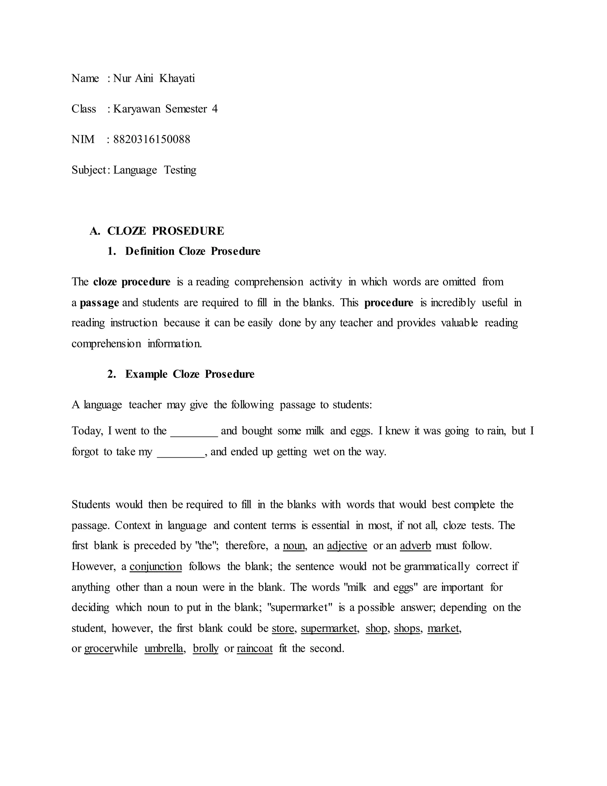 Nur aini tugas cloze procedure | DOCX