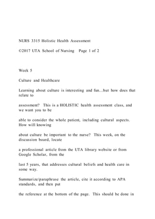 NURS 3315 Holistic Health Assessment ©2017 UTA School of N | DOCX