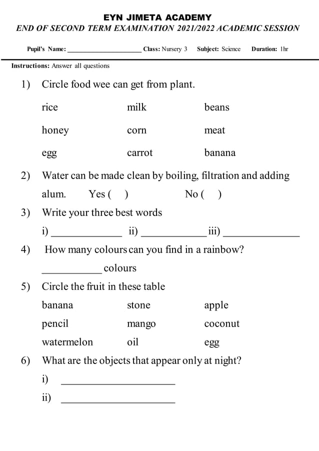 Nursery Exams.docx | Educational Assessment | Education