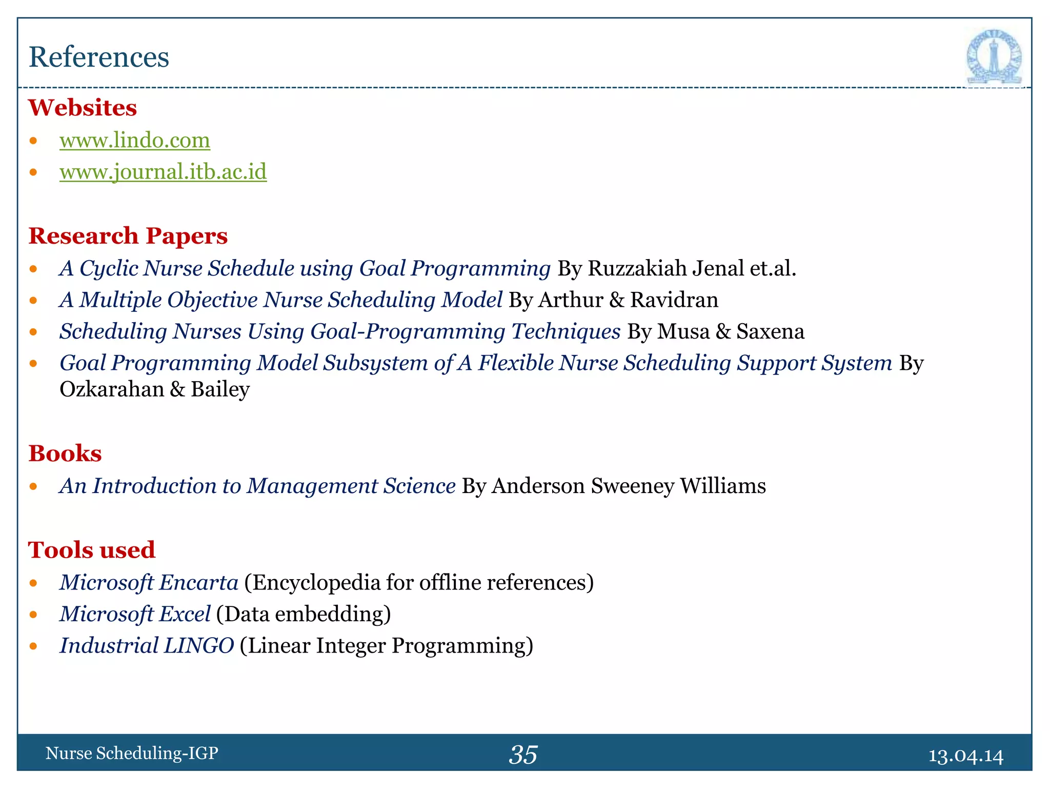 Nurse schedule goal programming (Cyclical) | PPTX