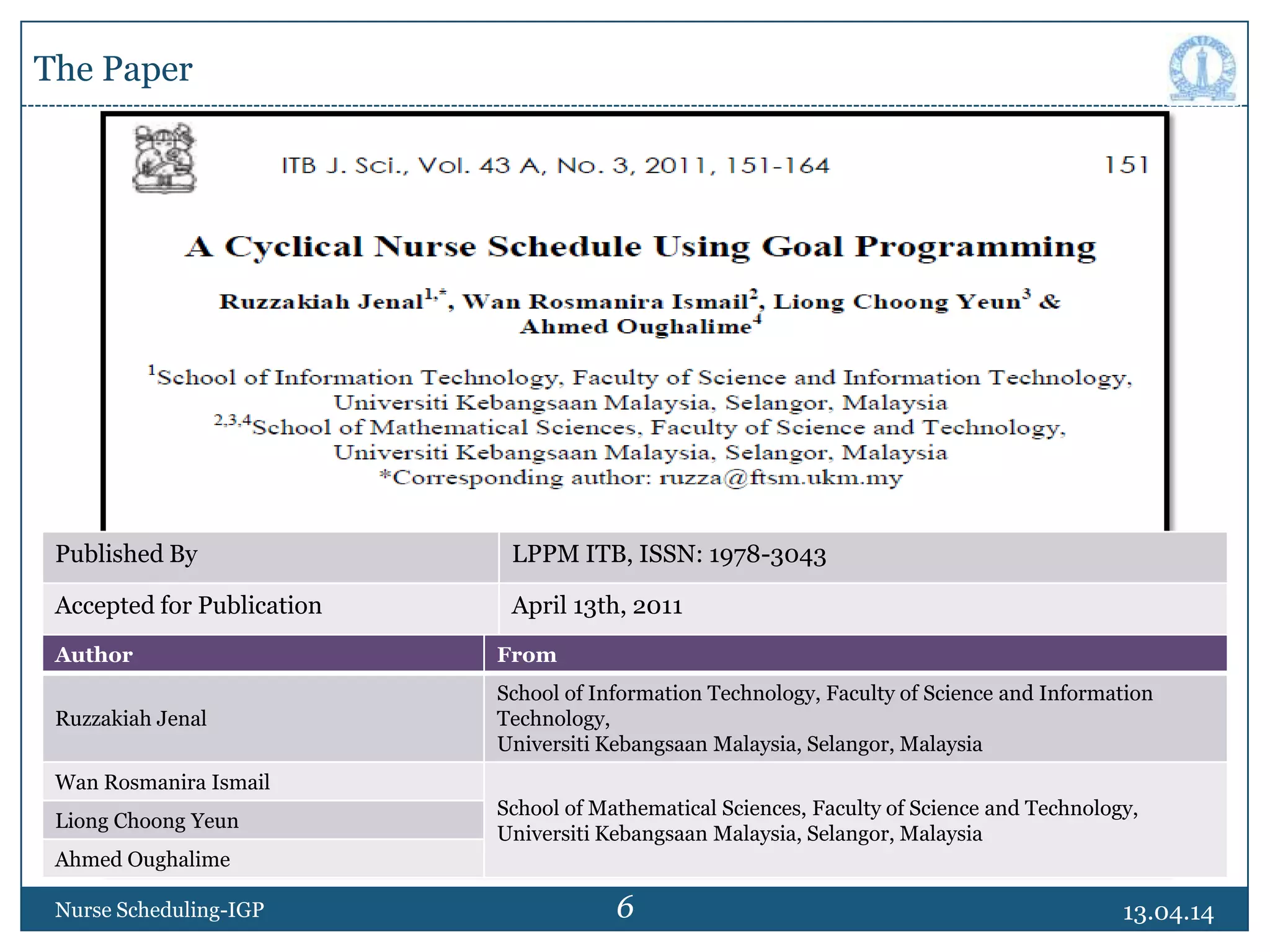 Nurse schedule goal programming (Cyclical) | PPTX