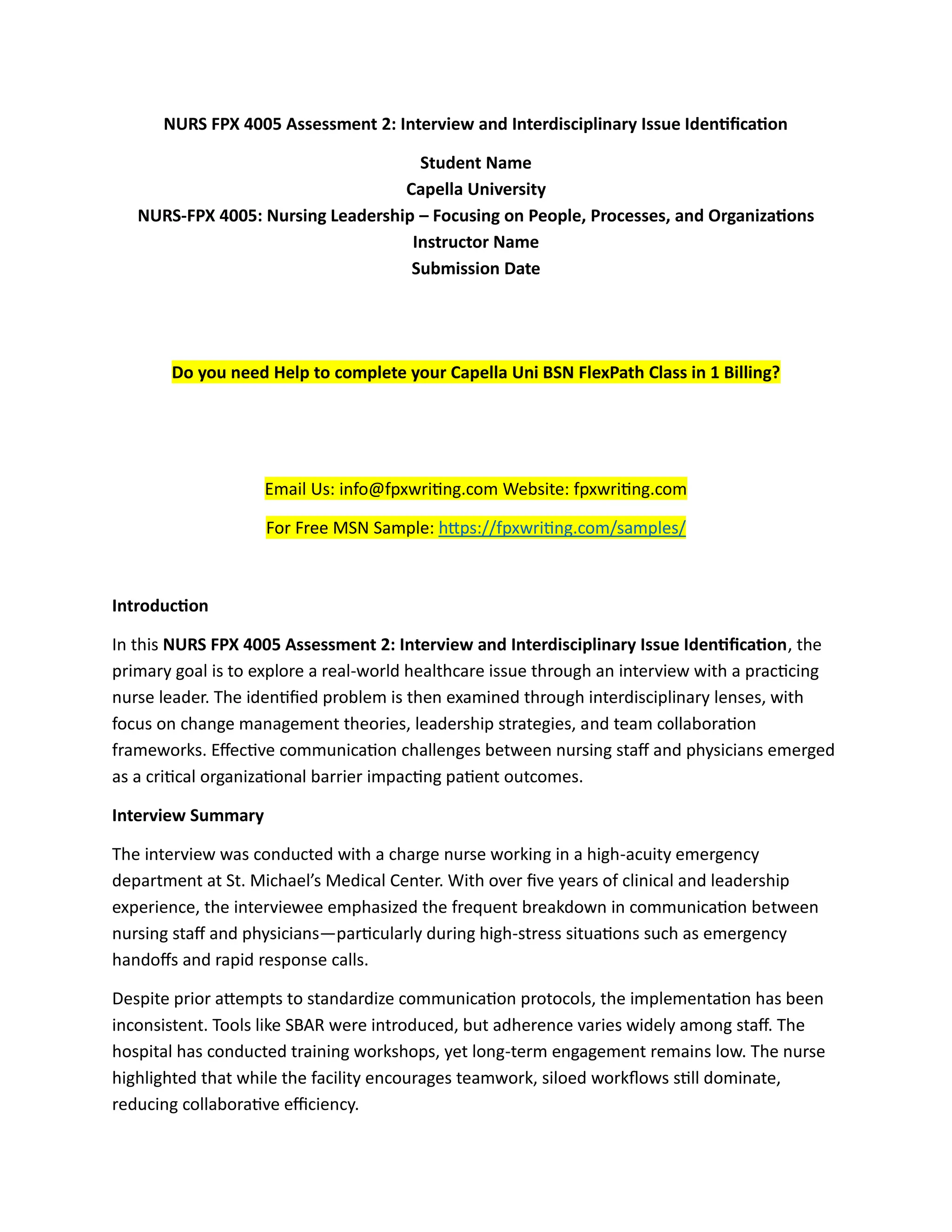 NURS FPX 4005 Assessment 2: Interview and Interdisciplinary Issue Identification | PDF