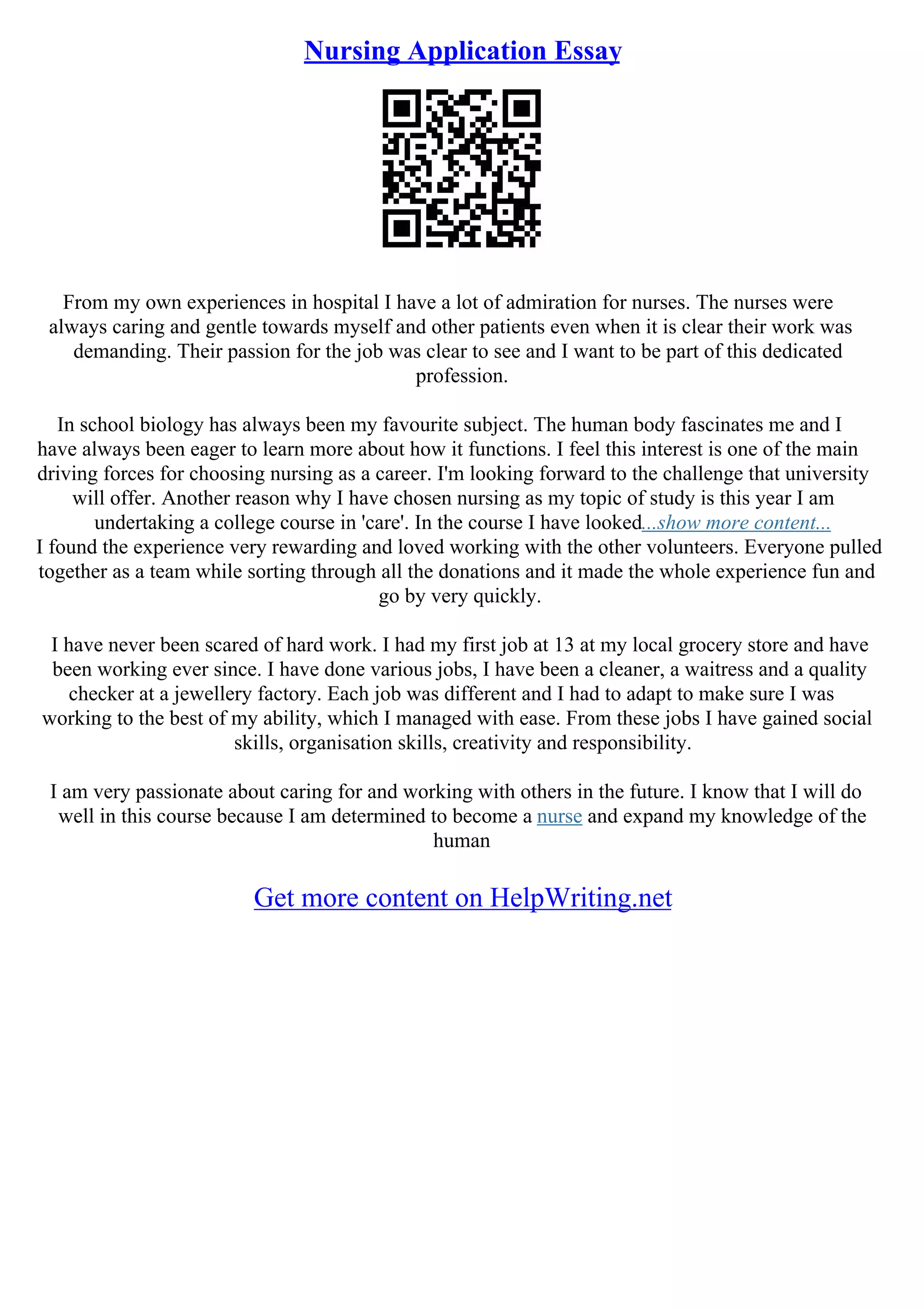 Nursing Admission Essay | PDF