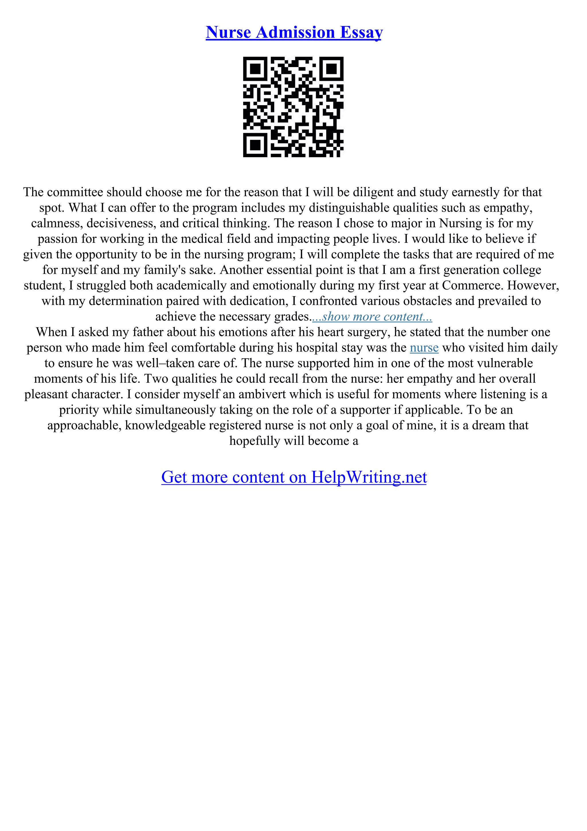 Nursing Admission Essay | PDF