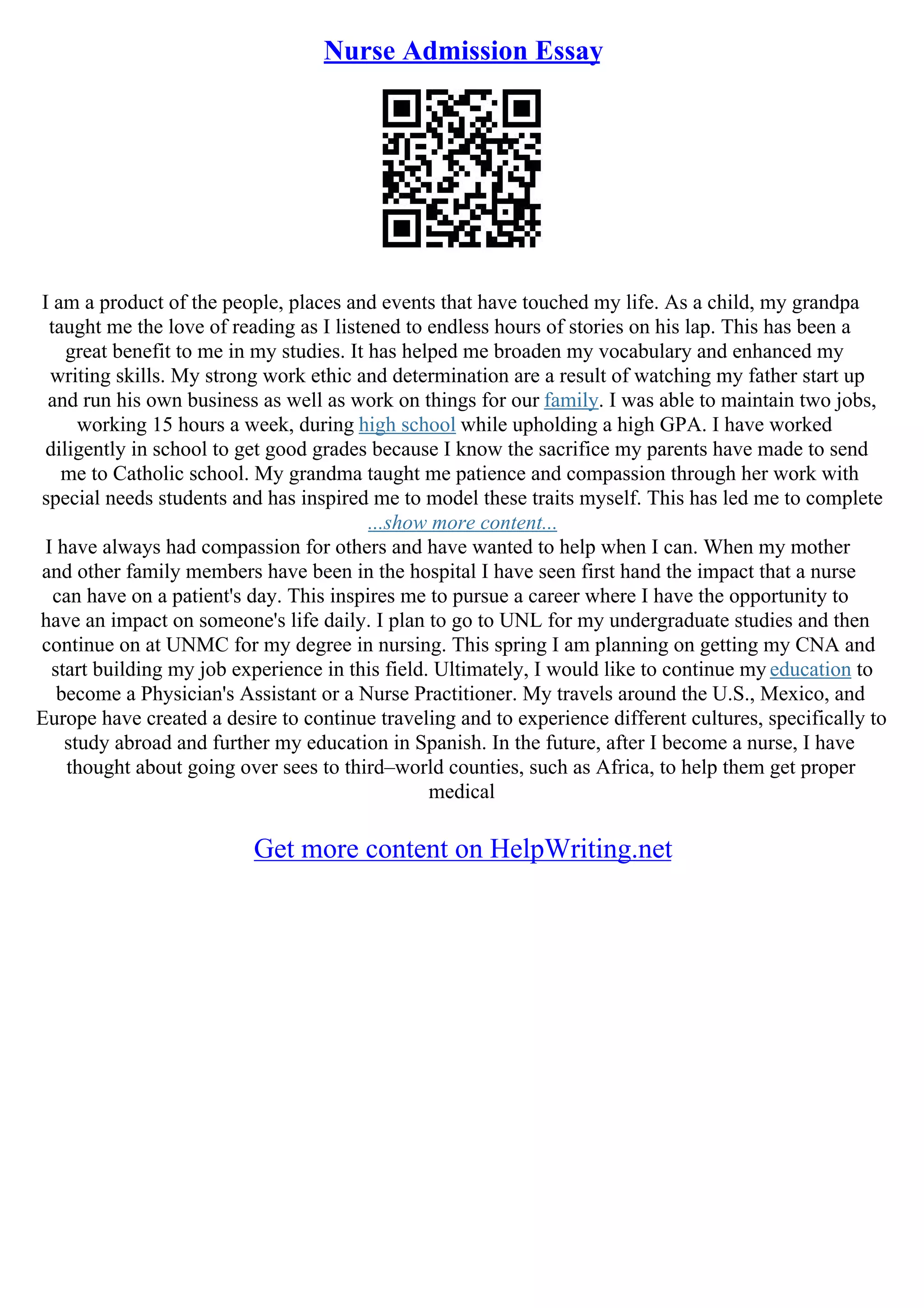 Nursing Admission Essay | PDF