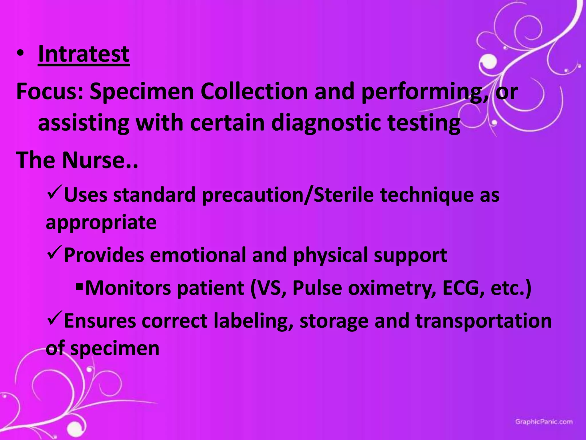Nursing care to patients undergoing diagnostic procedures (blood ...