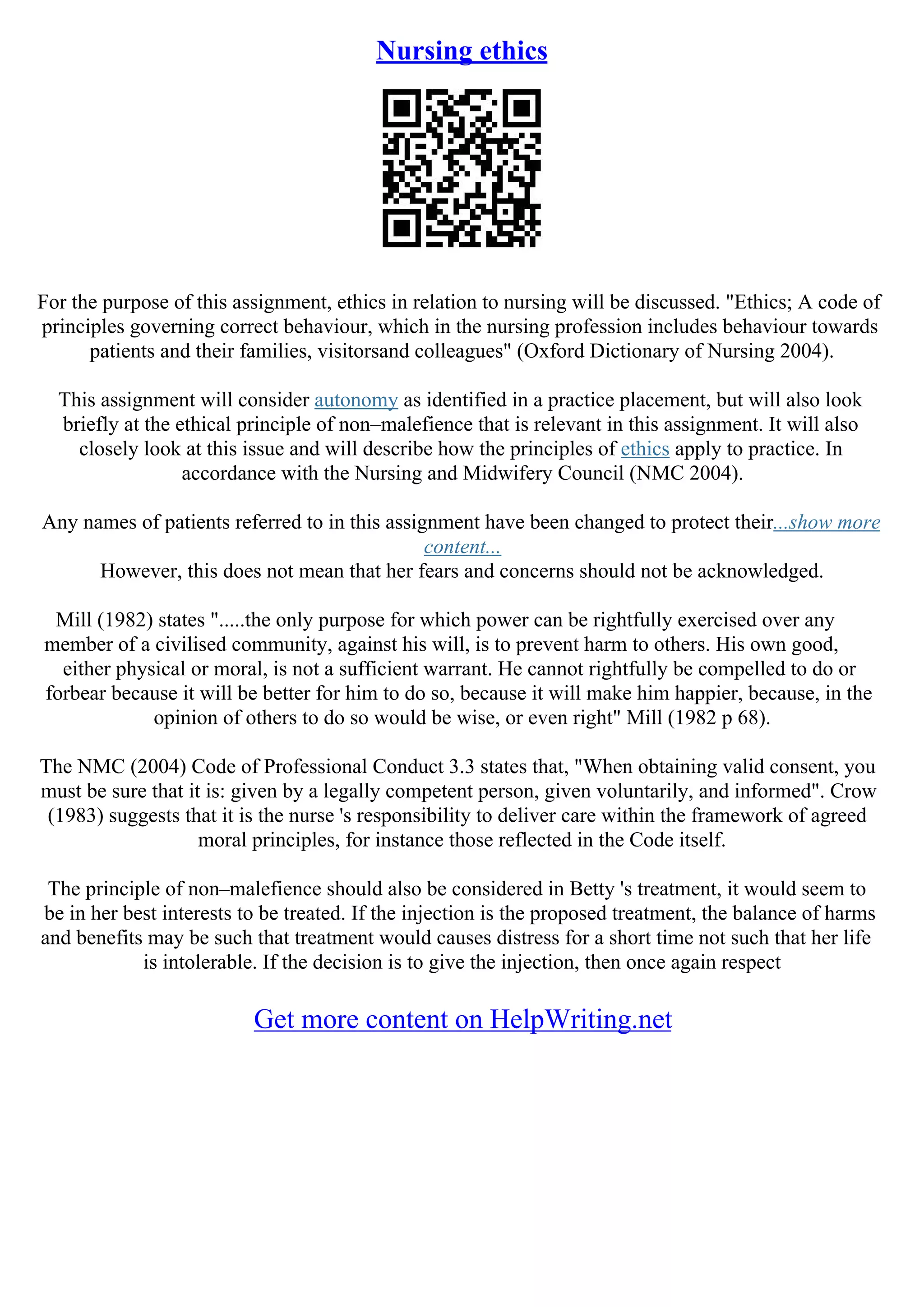 Nursing Ethics Essay | PDF