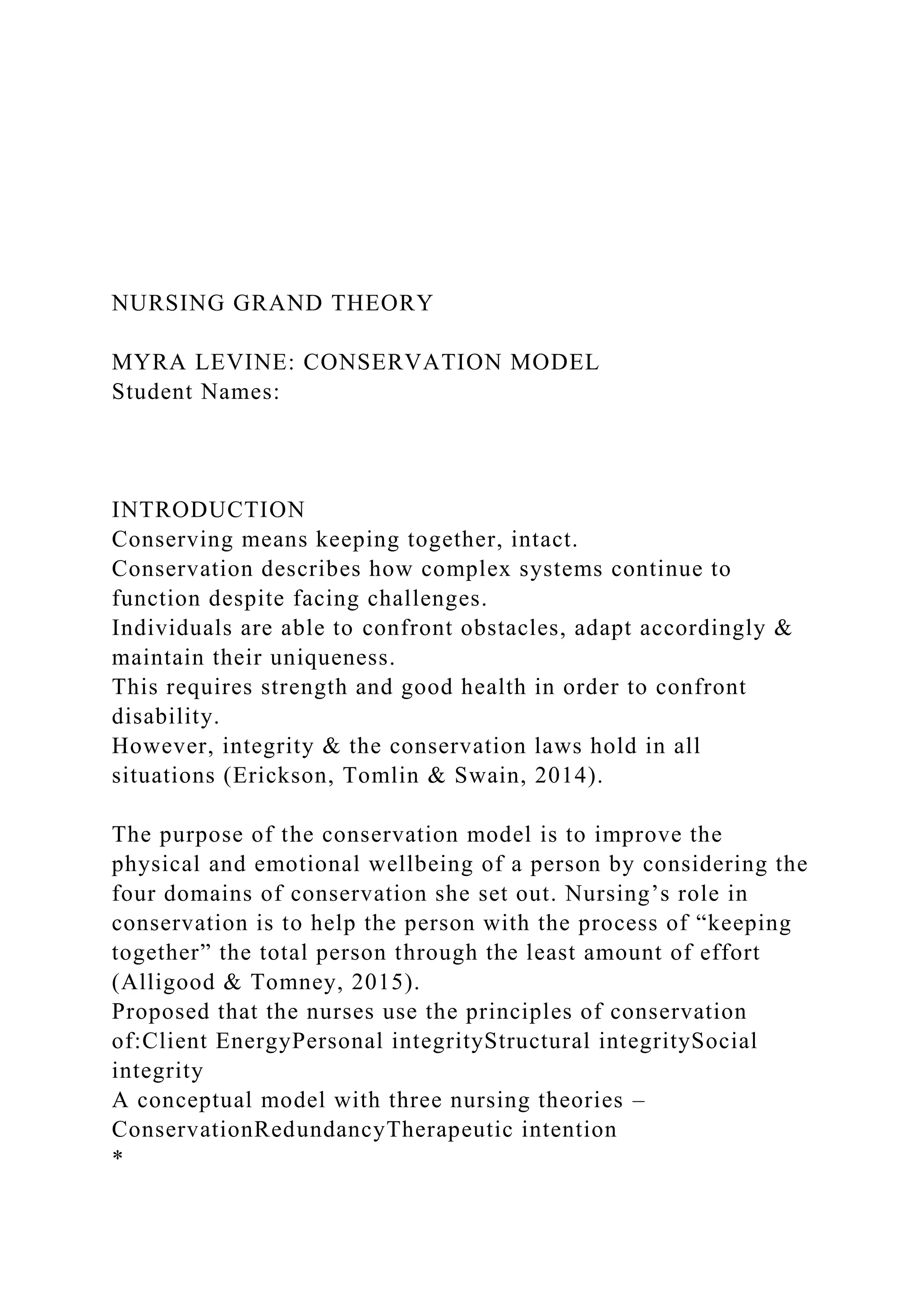 NURSING GRAND THEORYMYRA LEVINE CONSERVATION MODELS.docx