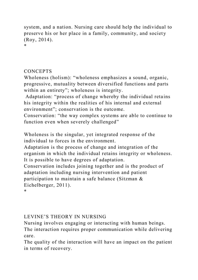 NURSING GRAND THEORYMYRA LEVINE CONSERVATION MODELS.docx | Medical Health