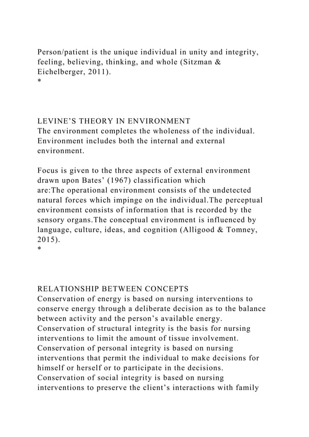 NURSING GRAND THEORYMYRA LEVINE CONSERVATION MODELS.docx | Medical Health