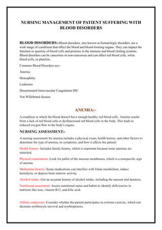 Nursing management of Blood disorders. | DOCX