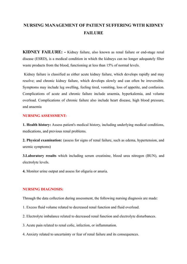 Nursing Management of patient suffering with Kidney failure | PDF