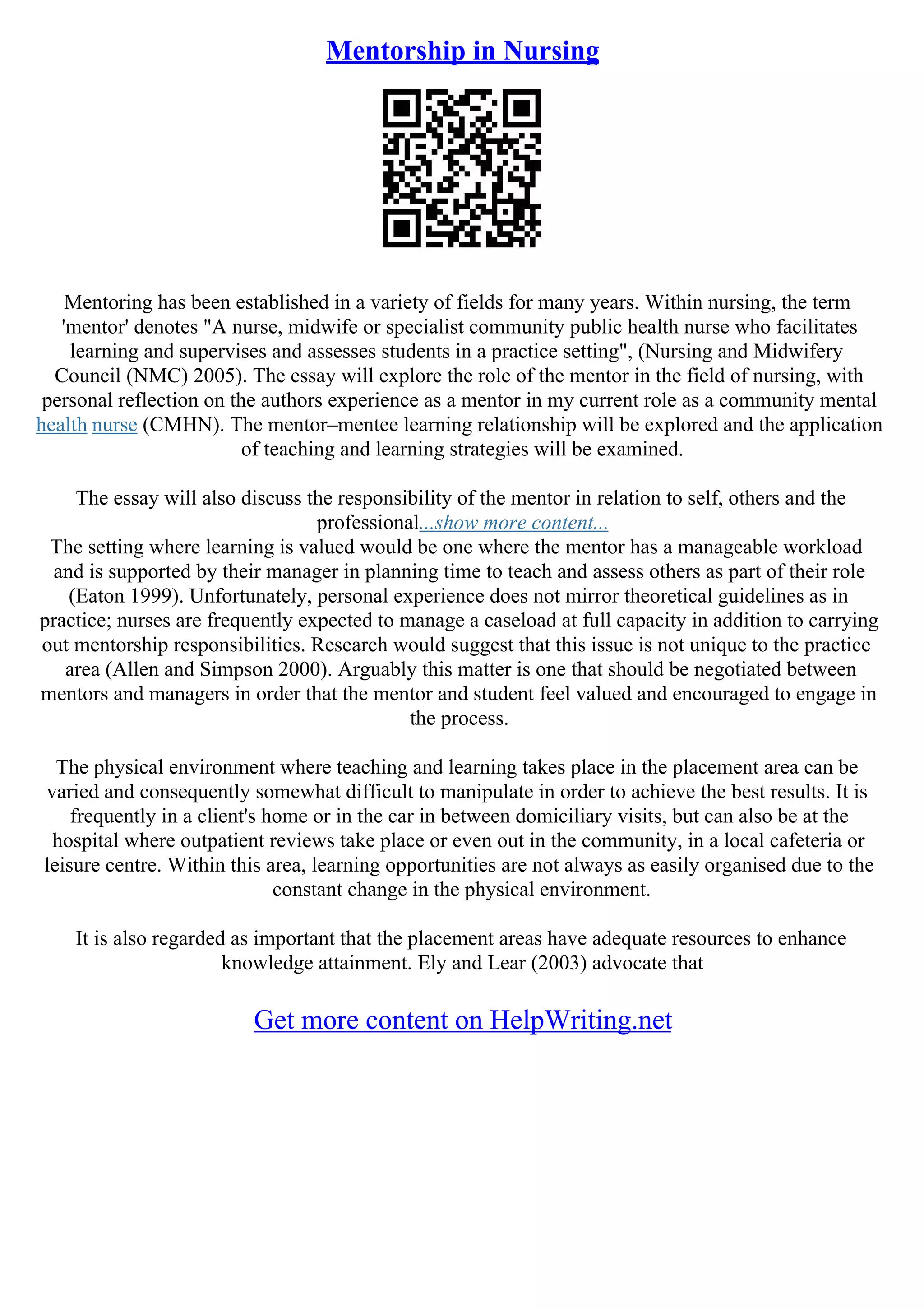 Nursing Mentorship Essay | PDF