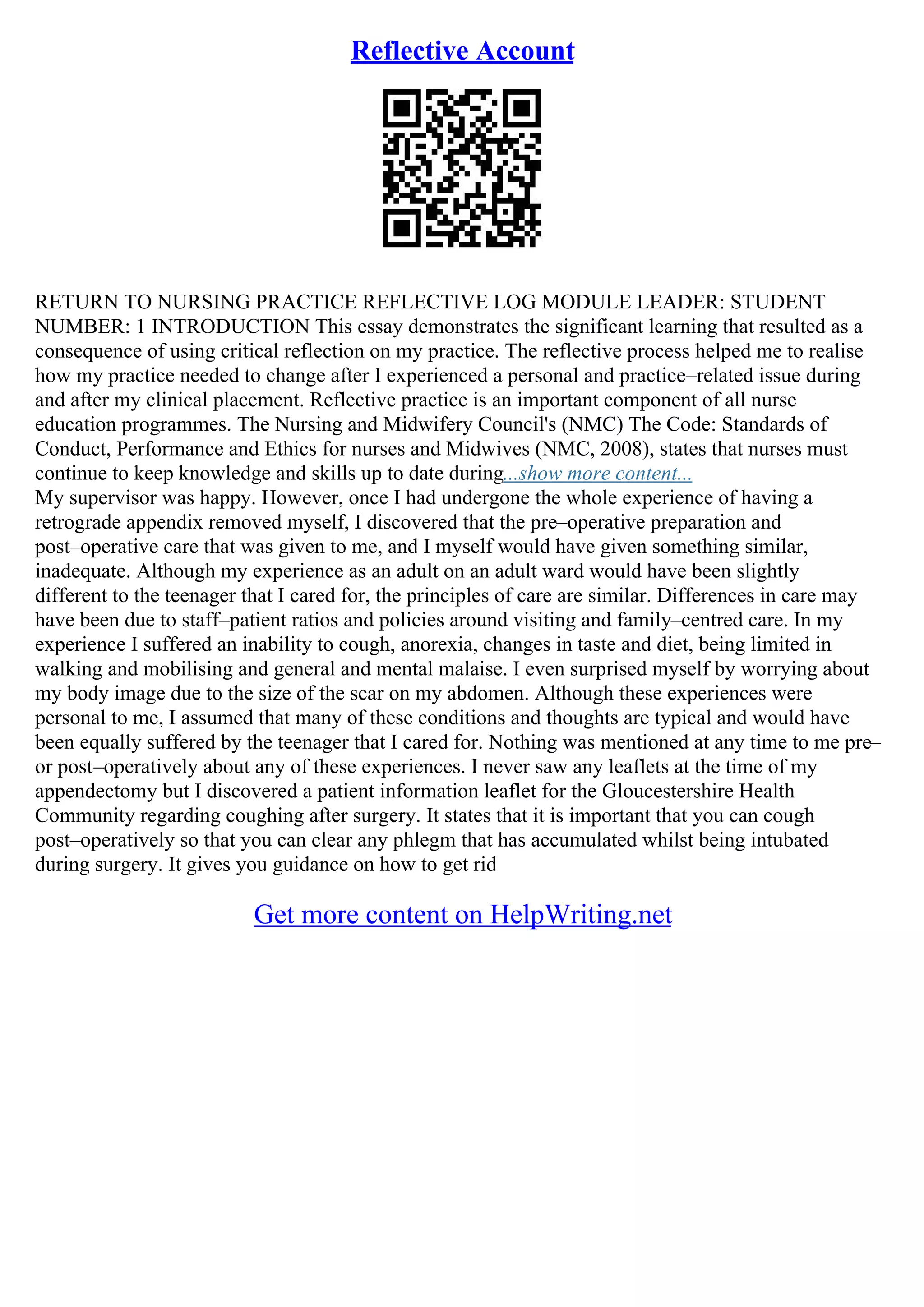 Nursing Reflective Essays | PDF