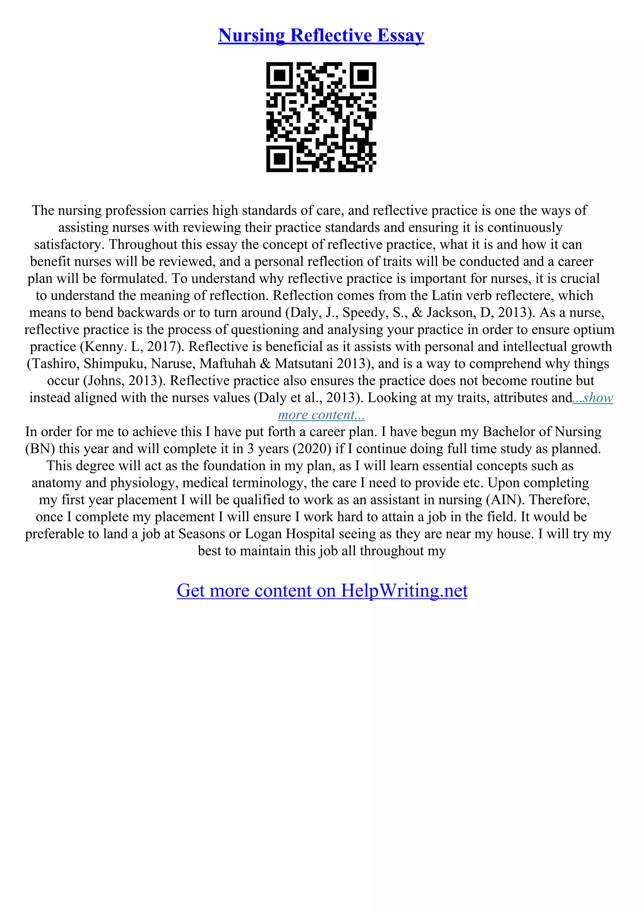 Nursing Reflective Essays | PDF