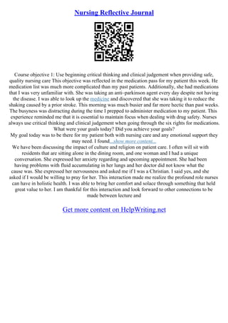 Nursing Reflective Essays | PDF