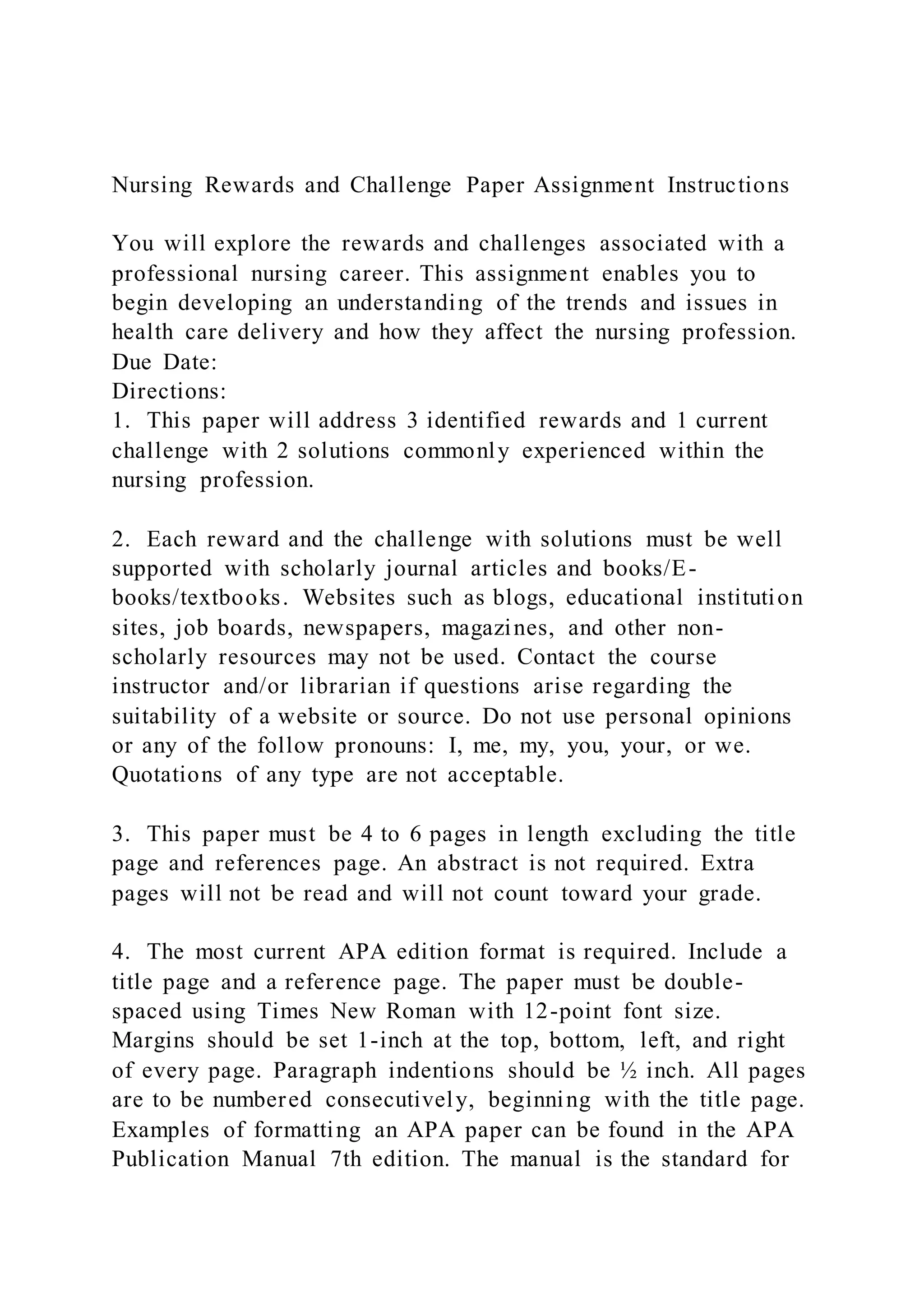 Nursing rewards and challenge paper assignment instructions you | DOCX