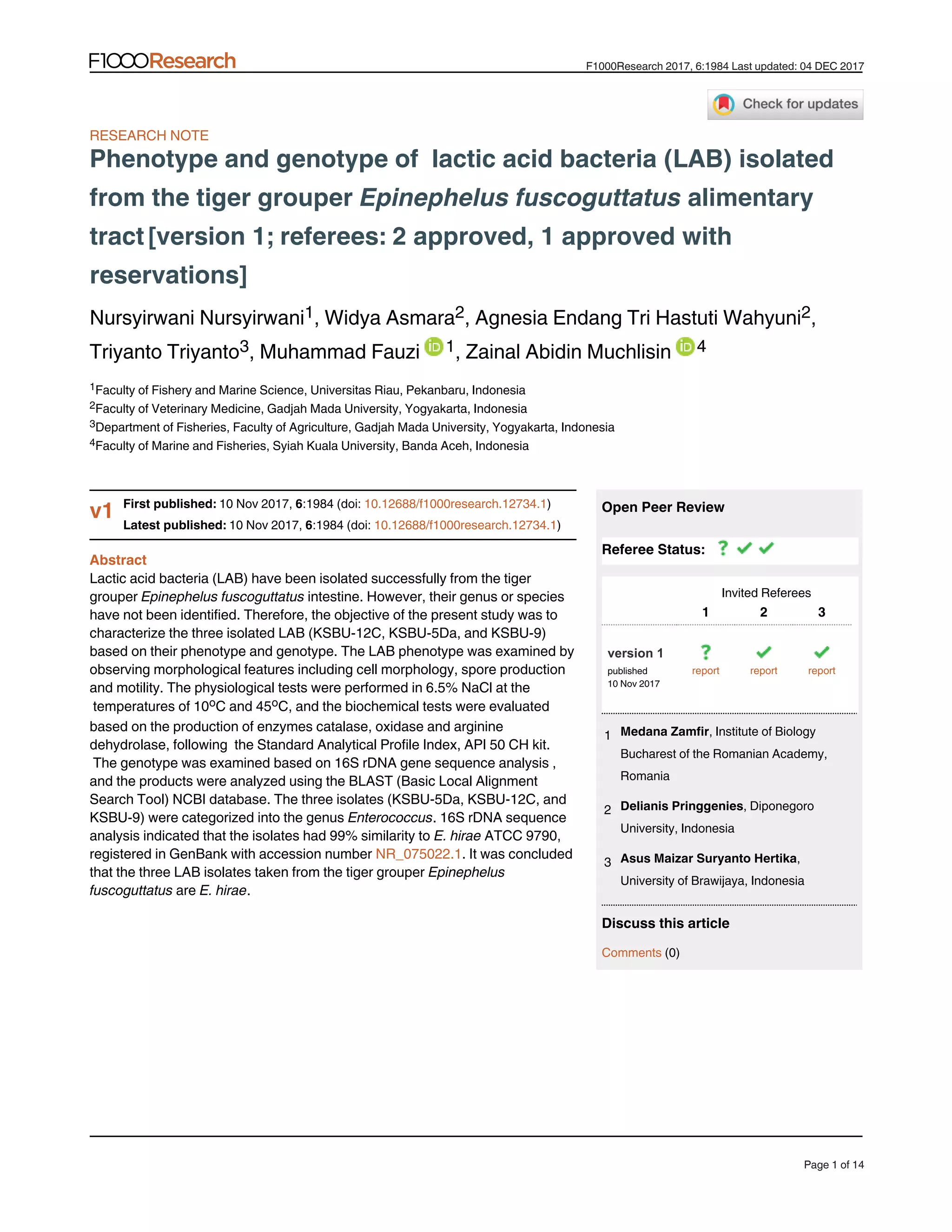 Phenotype and genotype of lactic acid bacteria (LAB) isolated from the tiger grouper Epinephelus ...