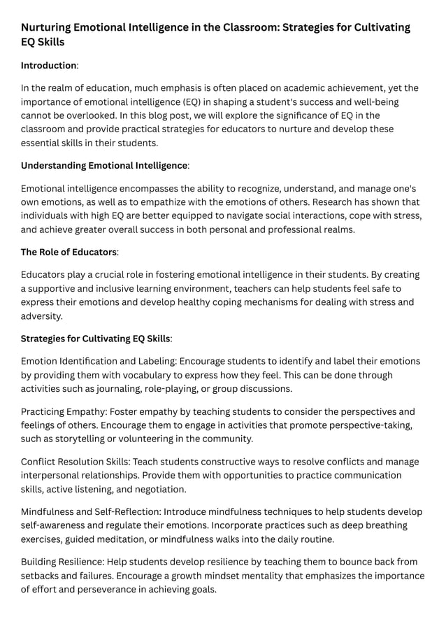 Nurturing Emotional Intelligence in the Classroom Strategies for ...