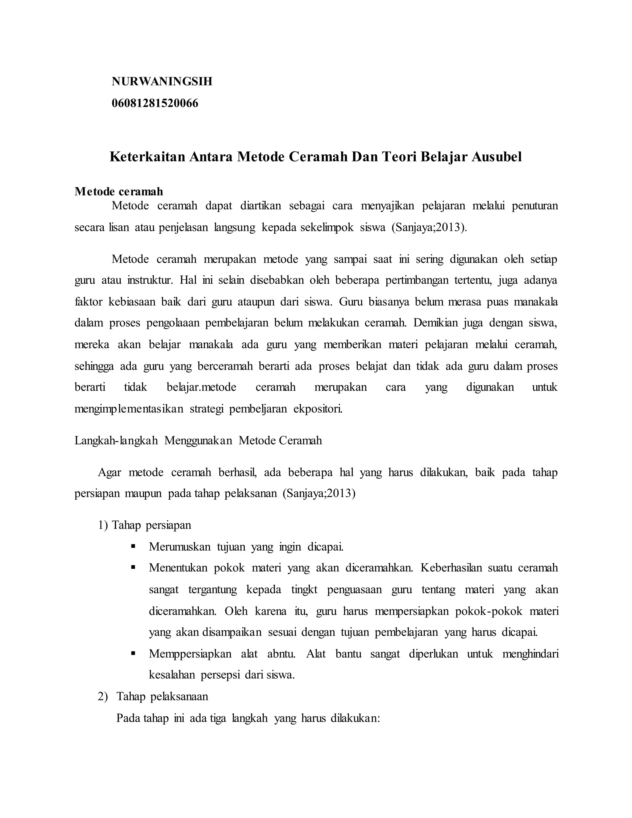 bdp Nurwaningsih kaitan antara metode ceramah dan teori ausubel | DOCX