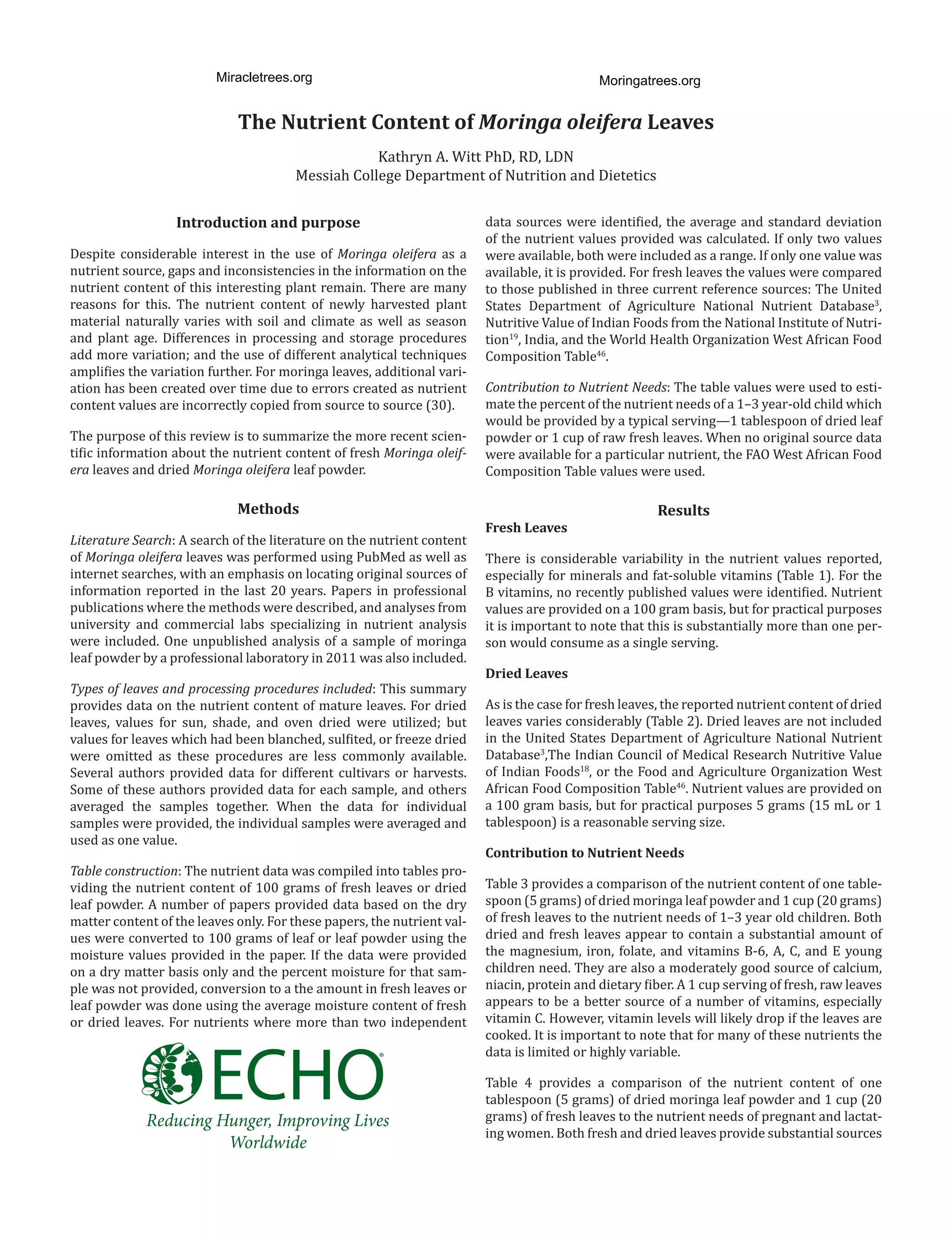 Nutrient content of moringa oleifera leaves | PDF