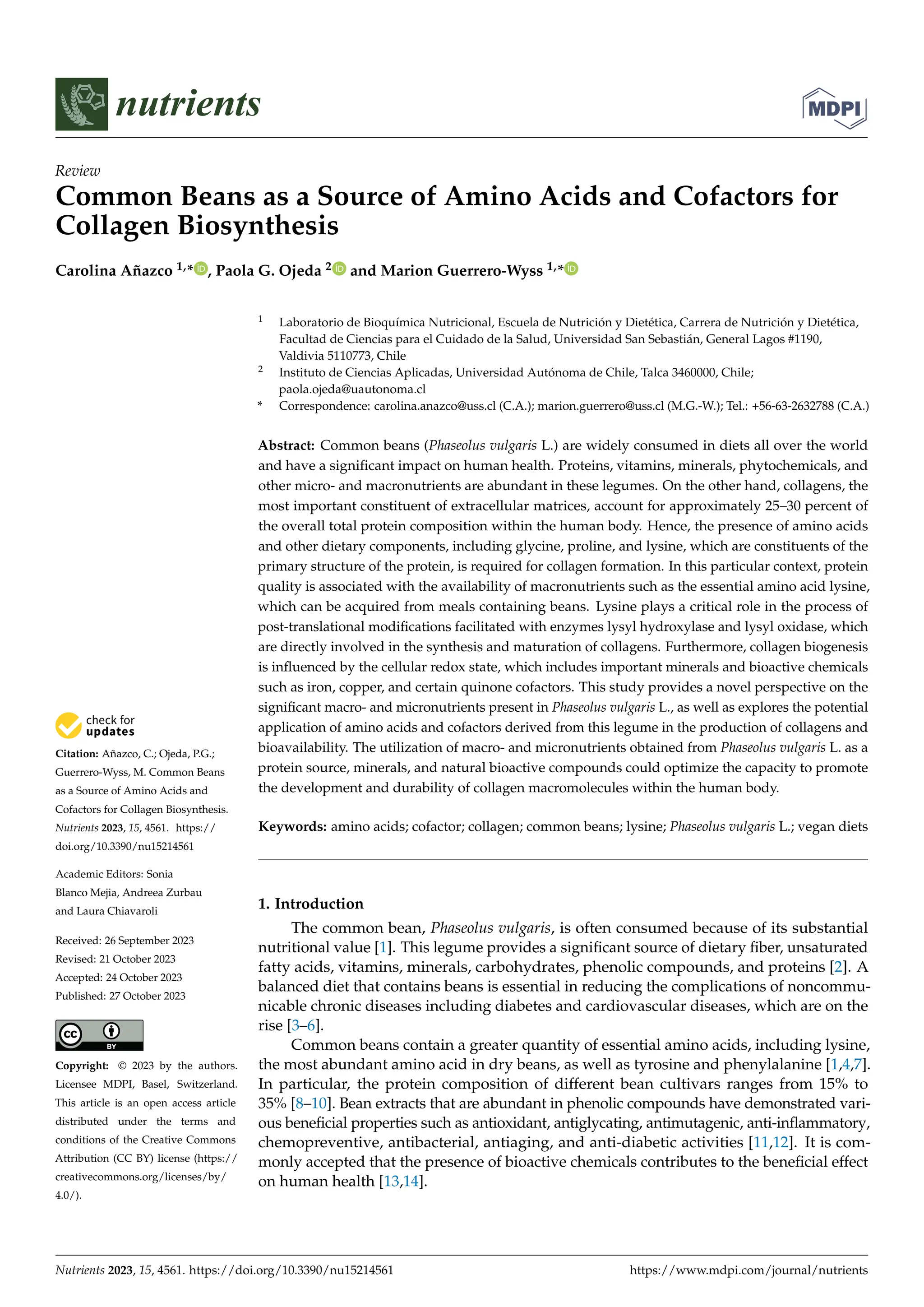 Common Beans as a Source of Amino Acids and Cofactors for Collagen ...