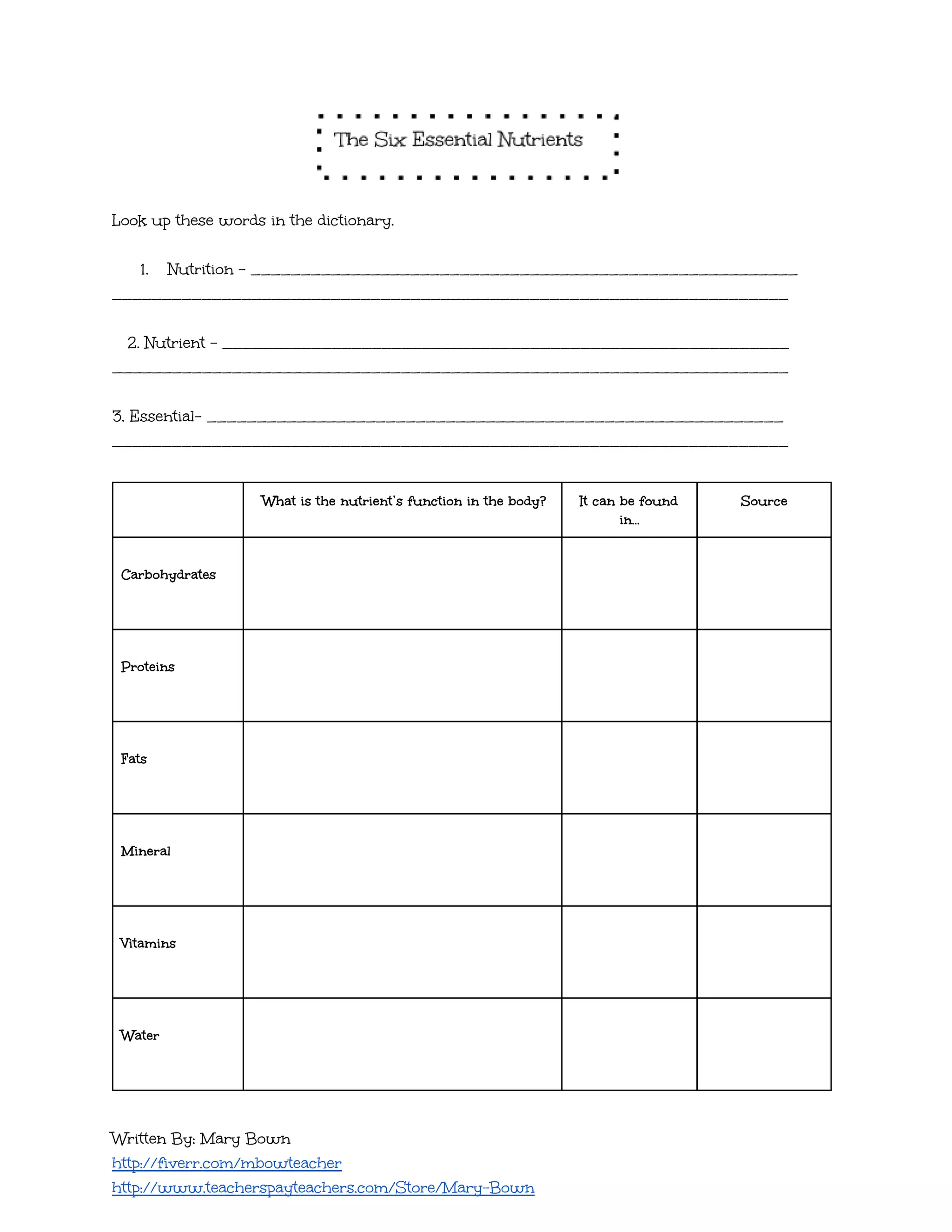 The Six Essential Nutrients: Lesson Plan And Worksheet | PDF