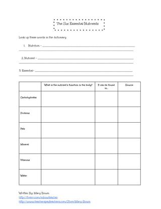 The Six Essential Nutrients: Lesson Plan And Worksheet | PDF
