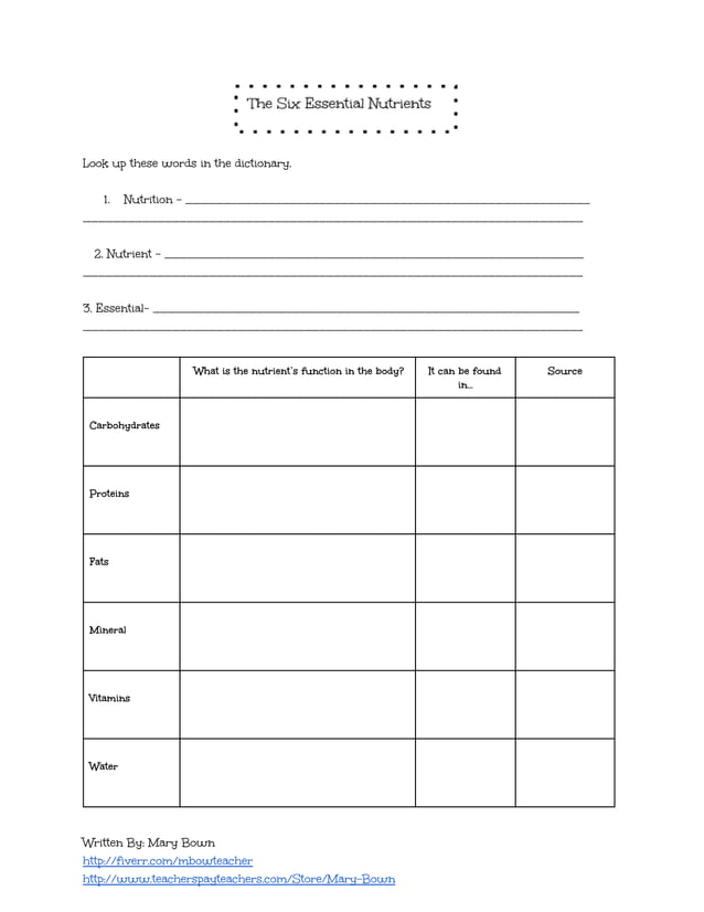 The Six Essential Nutrients: Lesson Plan And Worksheet | PDF ...