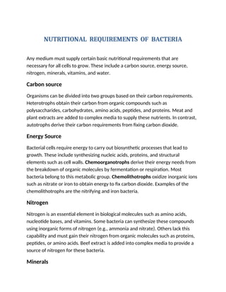 Nutritional requirements of Bacteria (carbon source, energy source ...