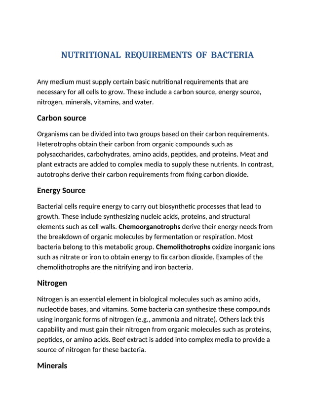 Nutritional requirements of Bacteria (carbon source, energy source ...