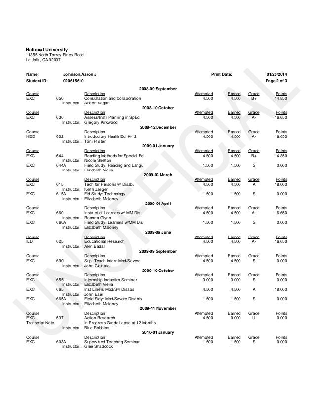 National University Unofficial Transcript