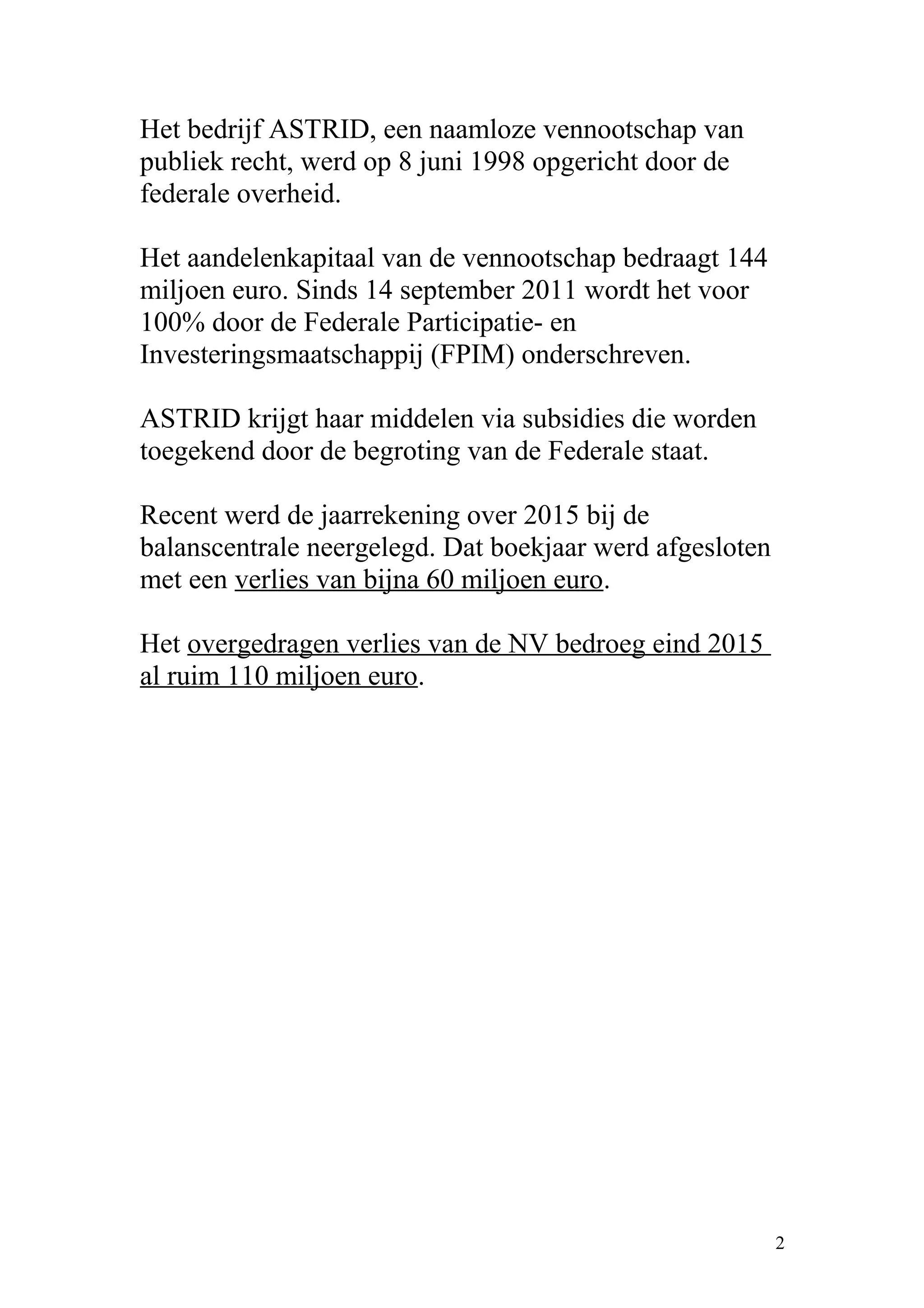 NV ASTRID boekte 60 miljoen euro verlies in 2015 | DOC