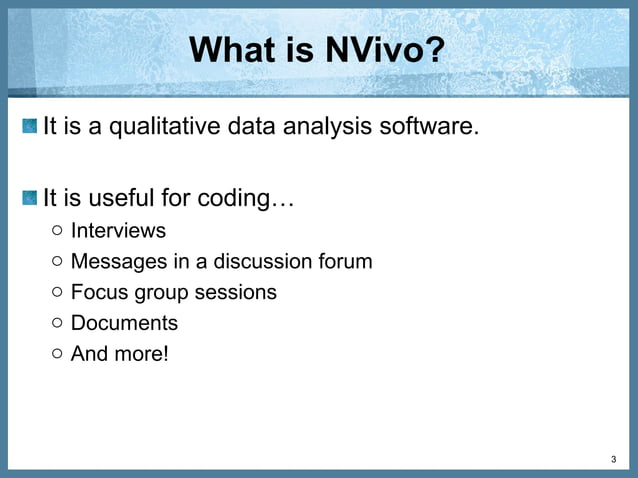 Qualitative Data Analysis Using NVivo: An Introduction Workshop | PPT