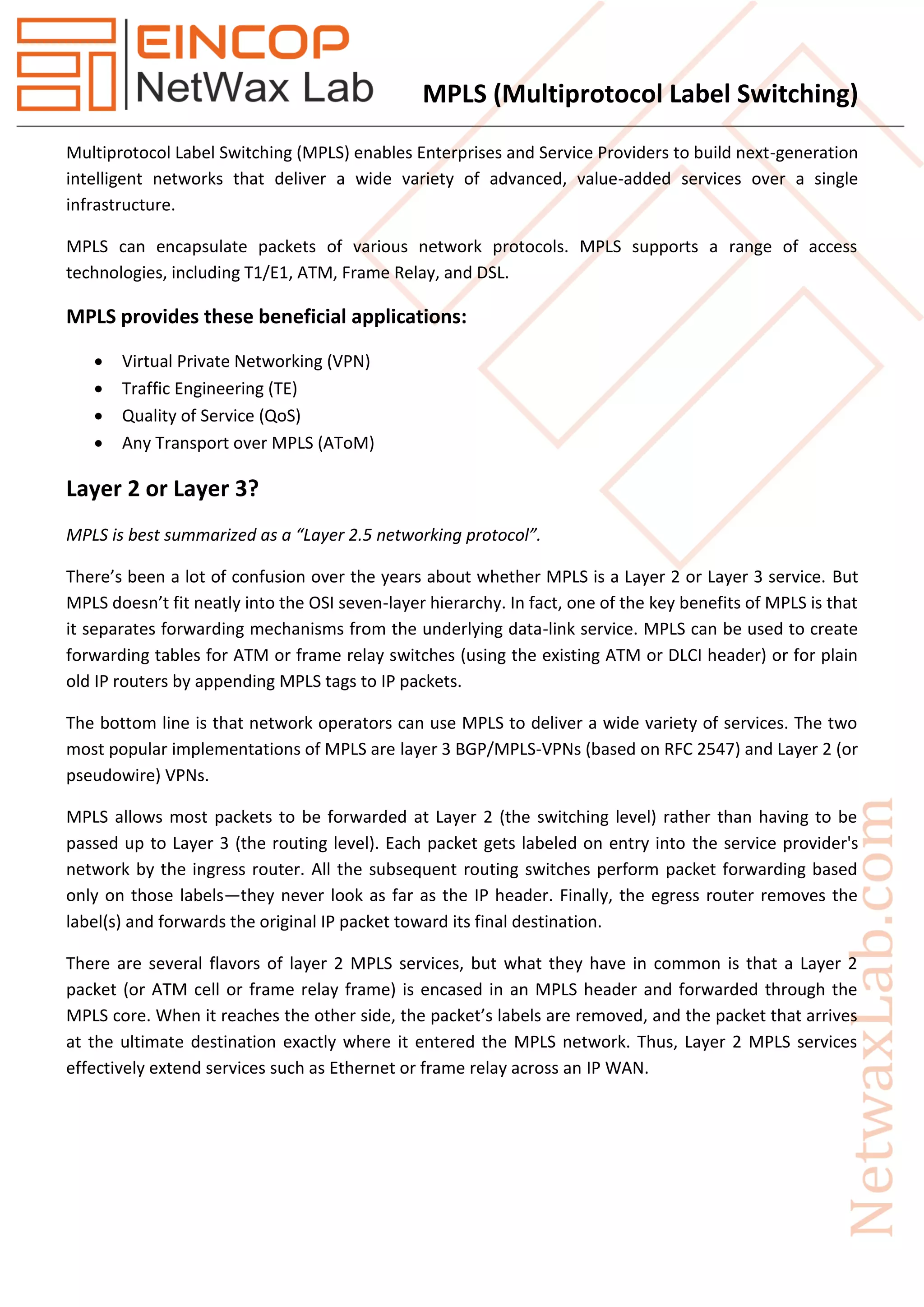 MPLS (Multiprotocol Label Switching) | PDF