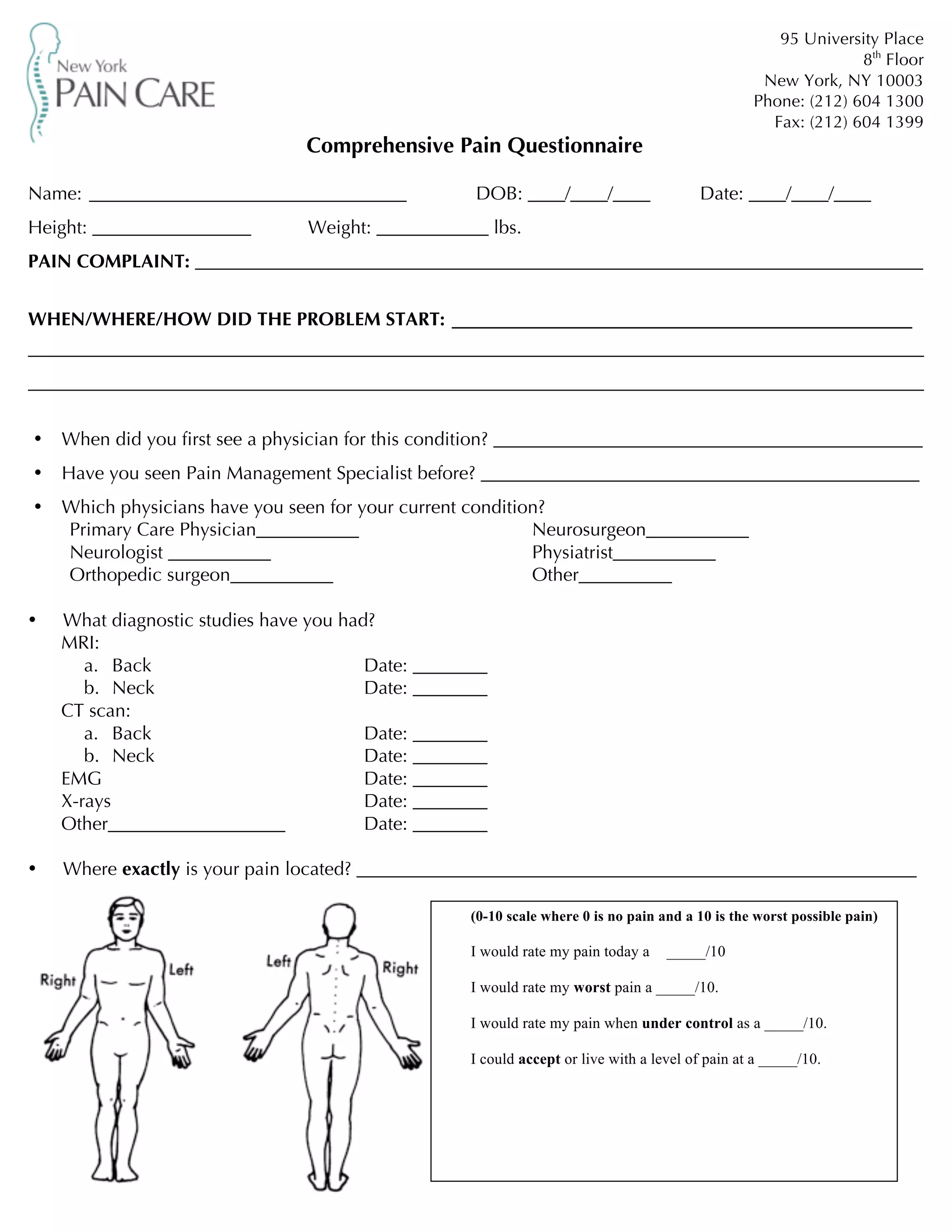 NYPC Comprehensive Pain Questionnaire | PDF