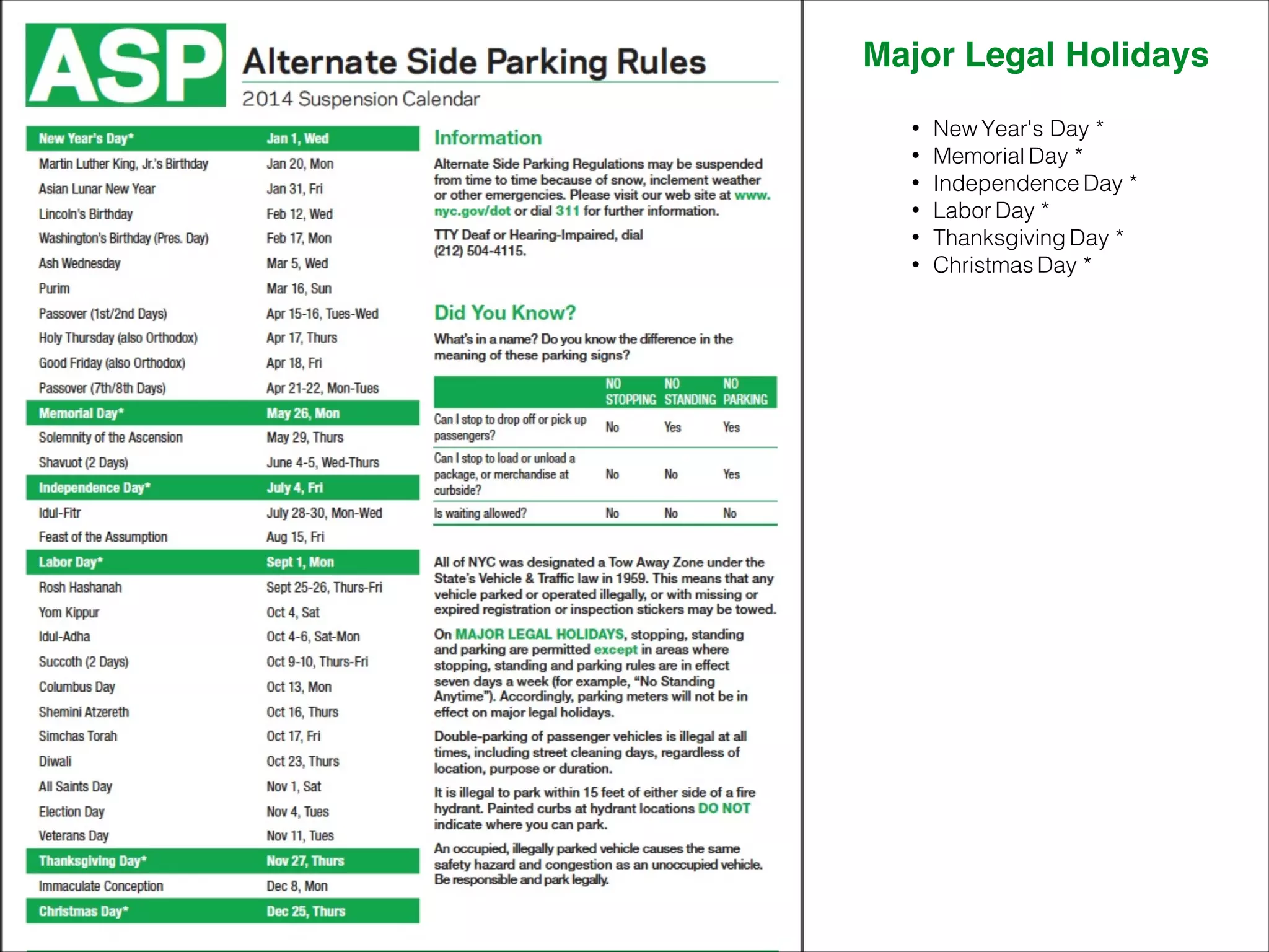 2014 Alternate Side Parking Calendar | PDF