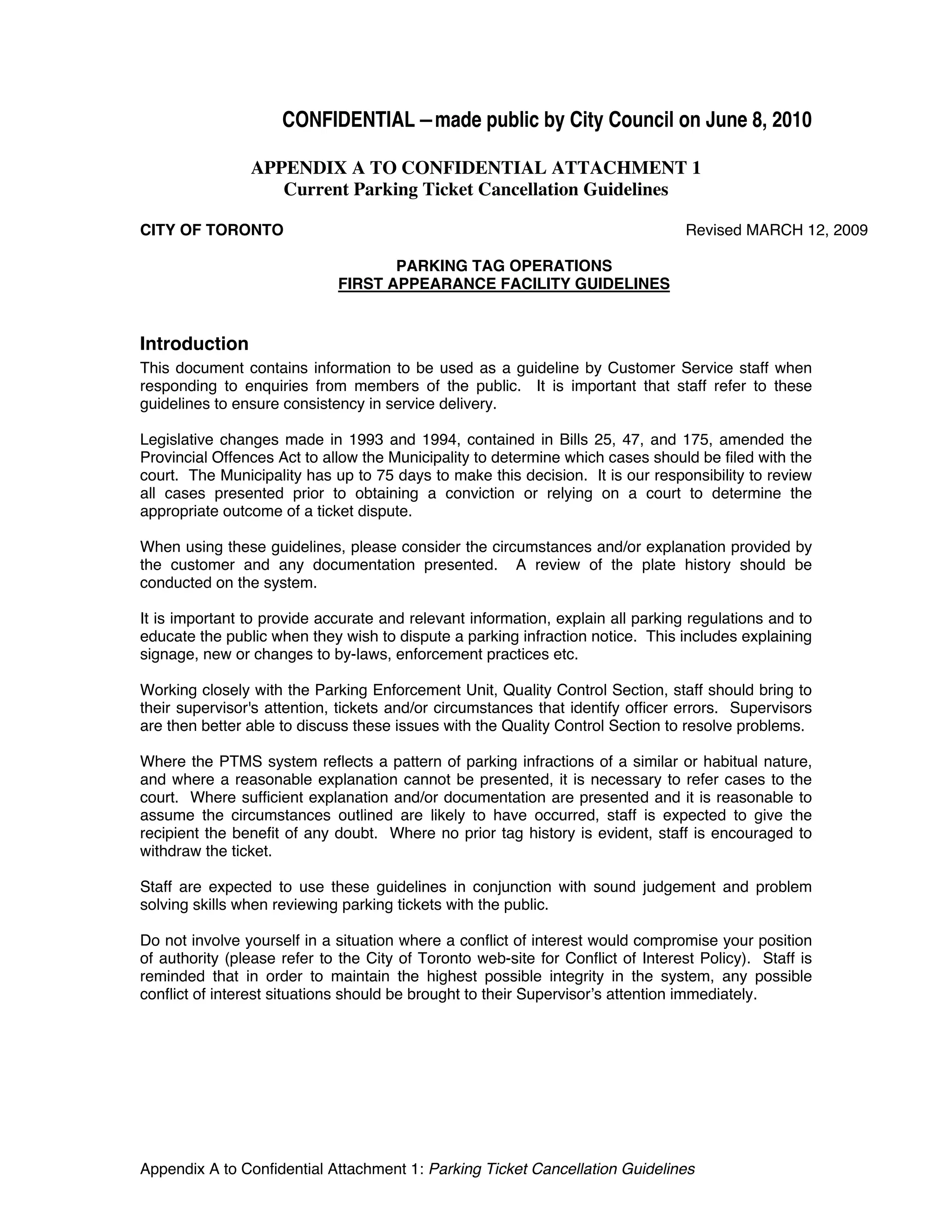 City of Toronto Parking Ticket Confidential (Cancellation) Guidelines | PDF