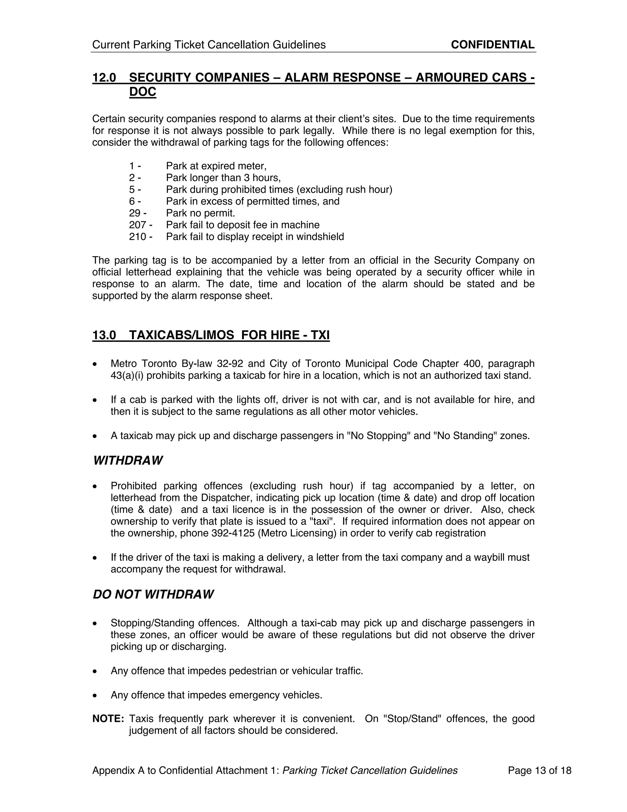 City of Toronto Parking Ticket Confidential (Cancellation) Guidelines | PDF
