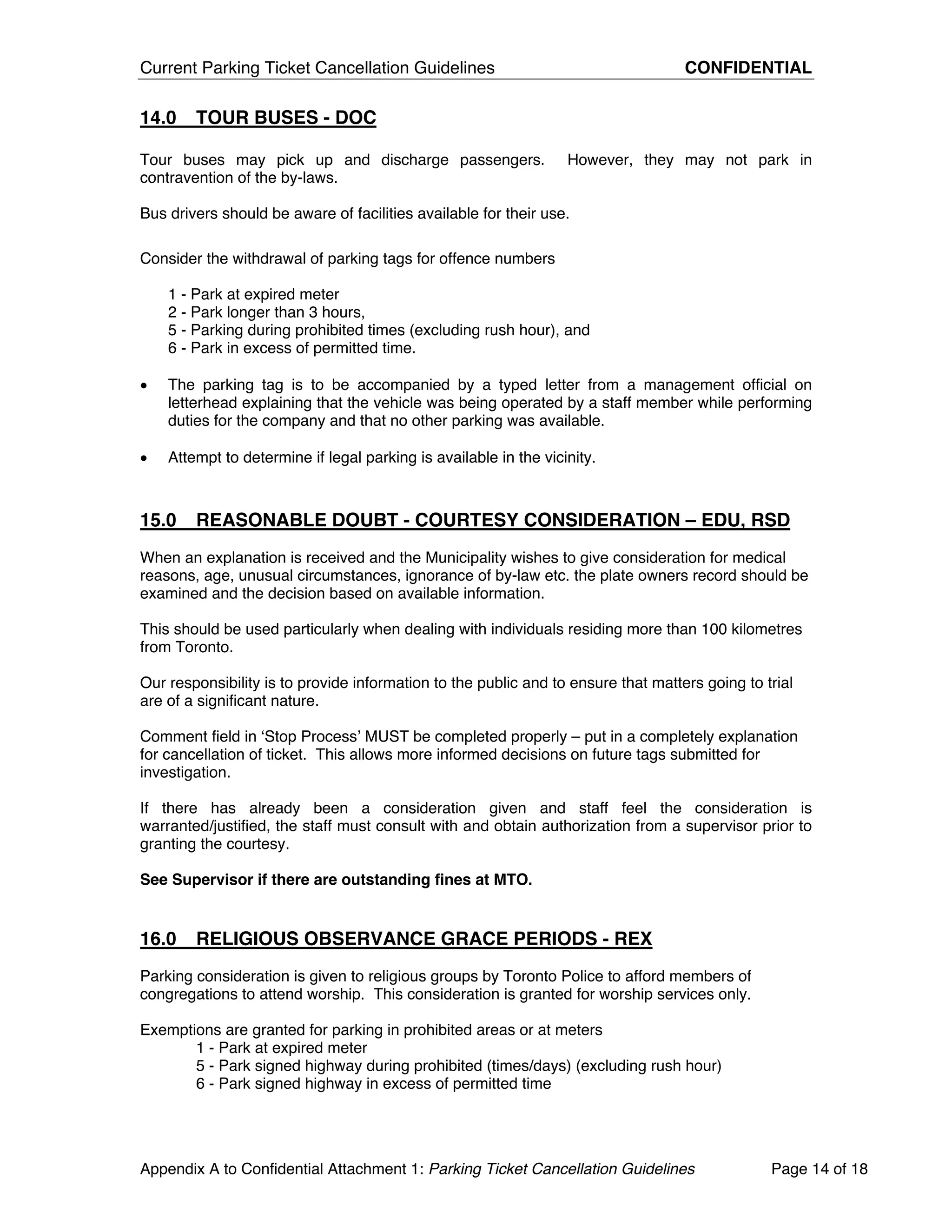 City of Toronto Parking Ticket Confidential (Cancellation) Guidelines | PDF