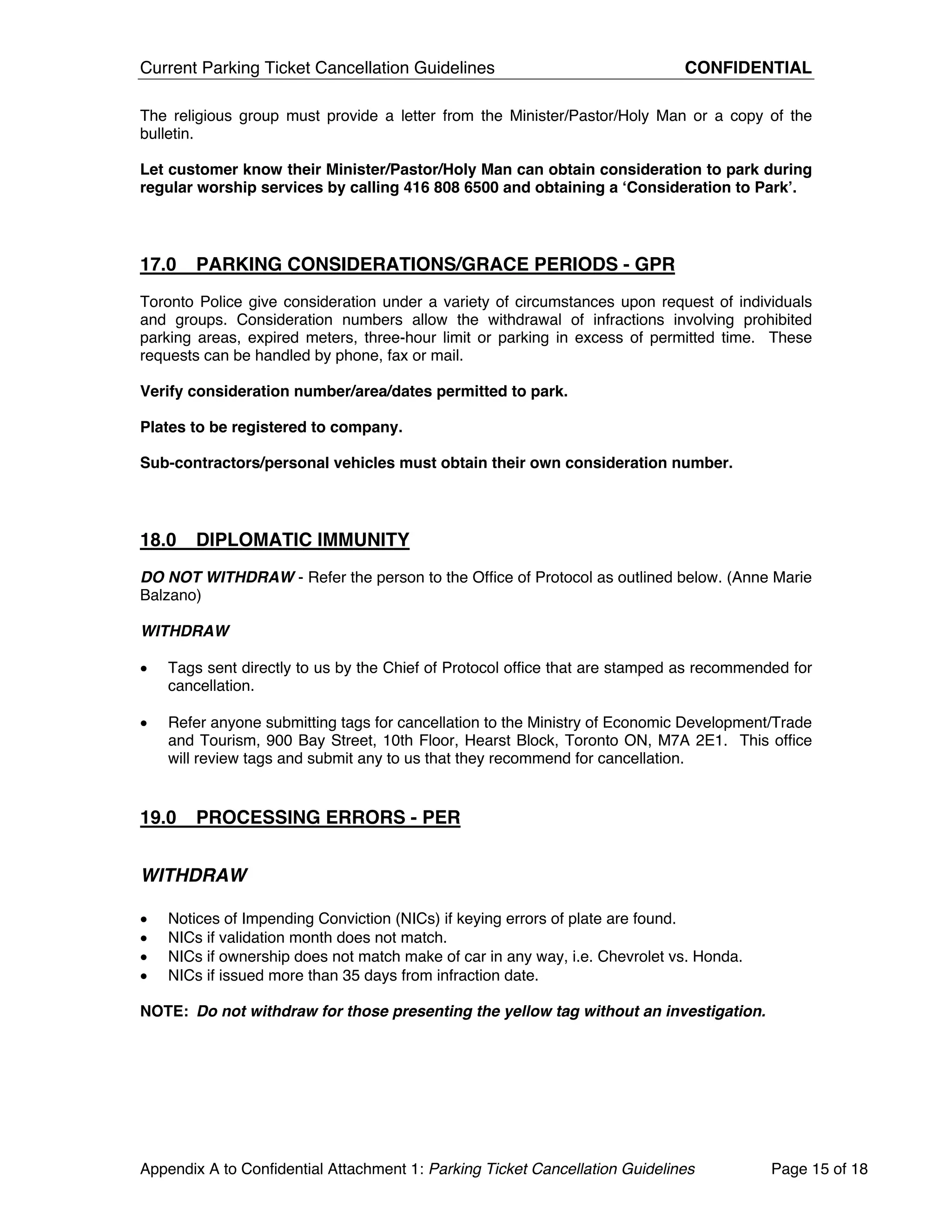 City of Toronto Parking Ticket Confidential (Cancellation) Guidelines | PDF
