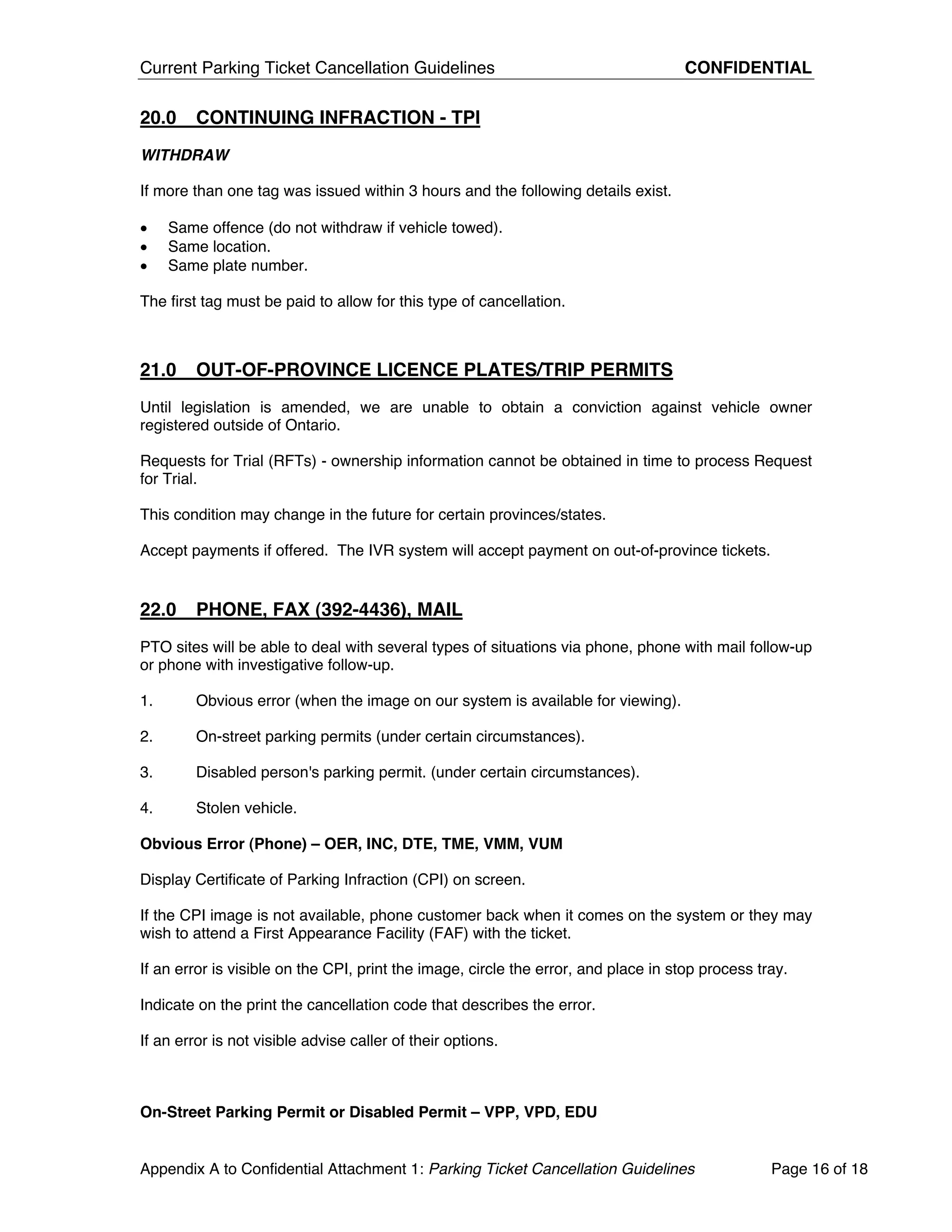 City of Toronto Parking Ticket Confidential (Cancellation) Guidelines | PDF