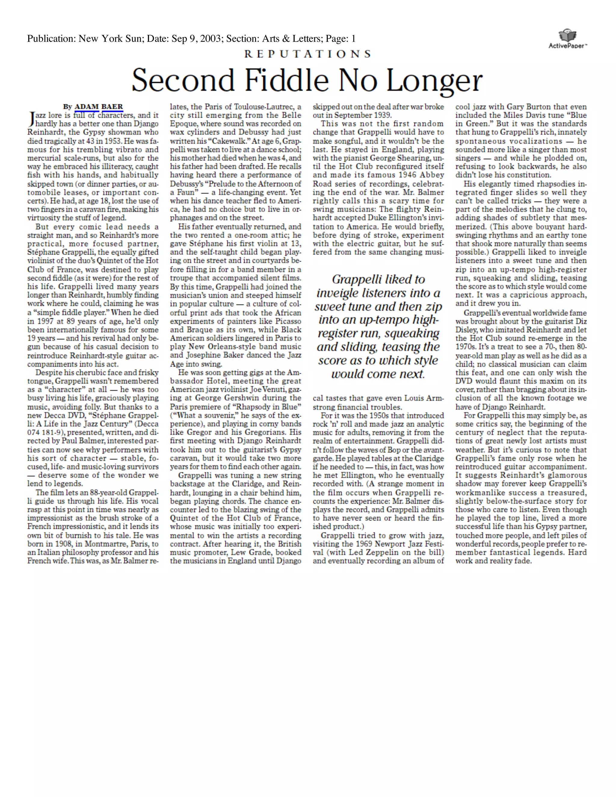 Adam Baer: Second Fiddle No Longer | PDF