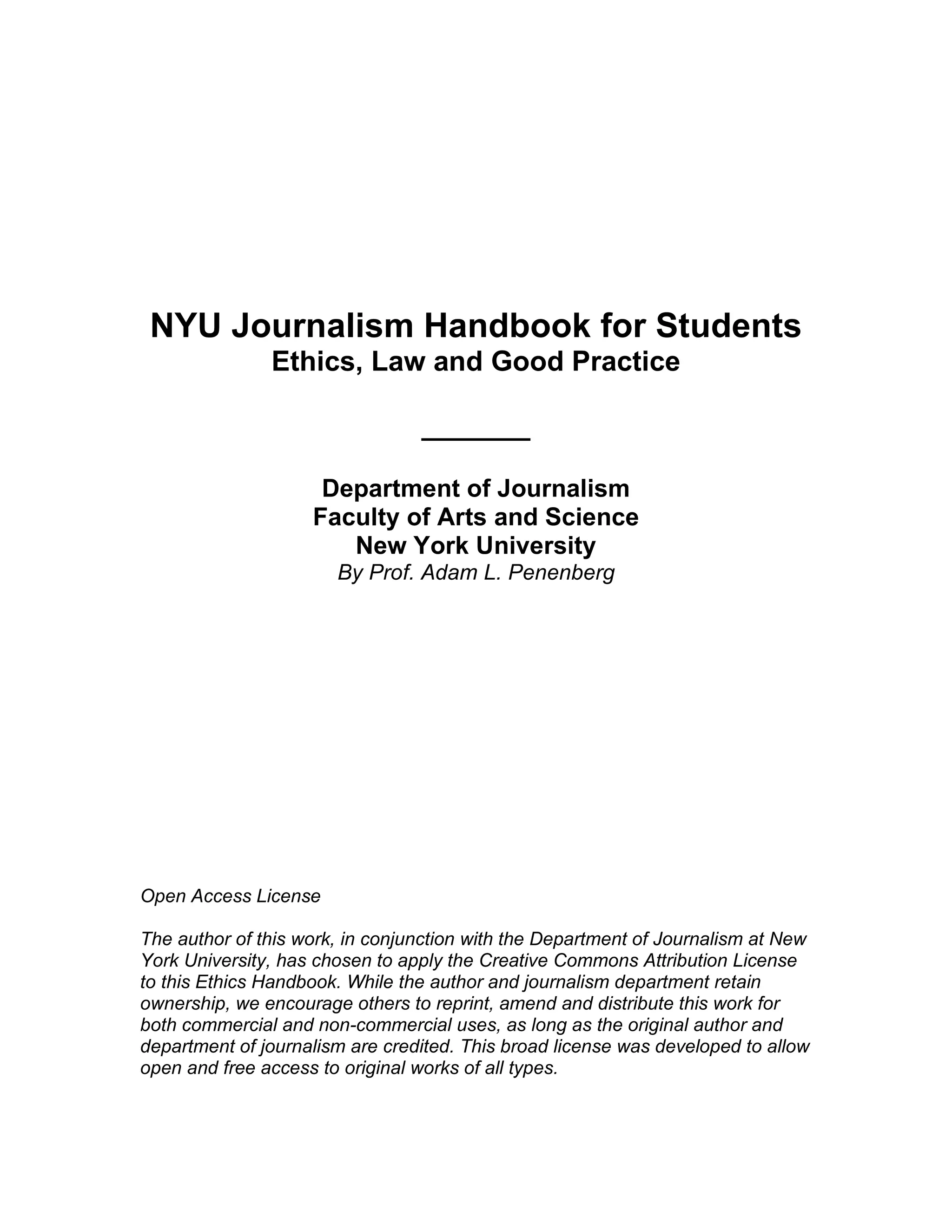NYU Journalism Handbook for Students Ethics, Law and Good Practice | PDF