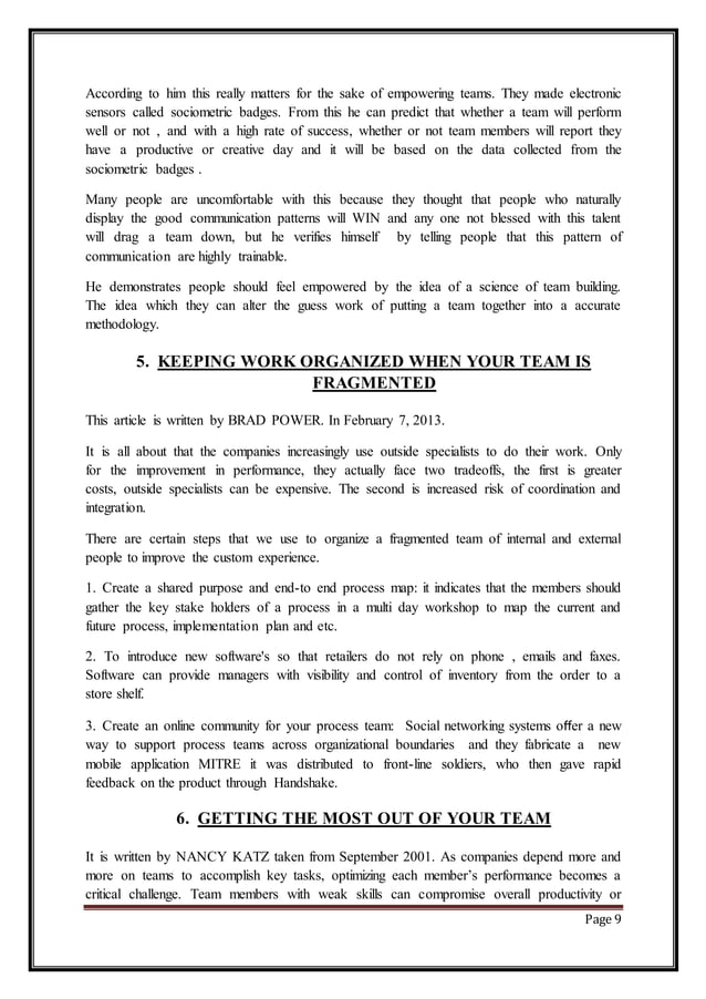 TEAM WORK REPORT | DOCX | Resume Writing and Advice | Job Search