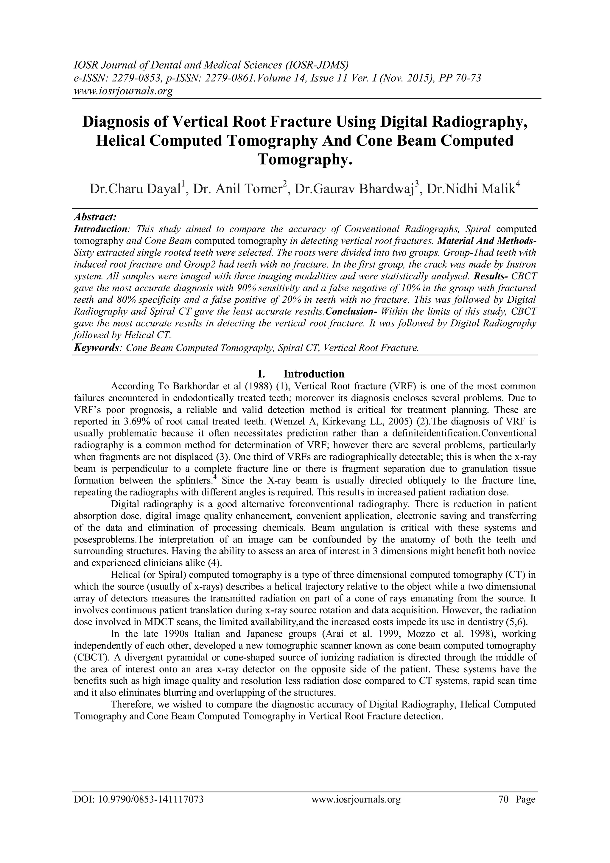 Diagnosis of Vertical Root Fracture Using Digital Radiography, Helical Computed Tomography And ...