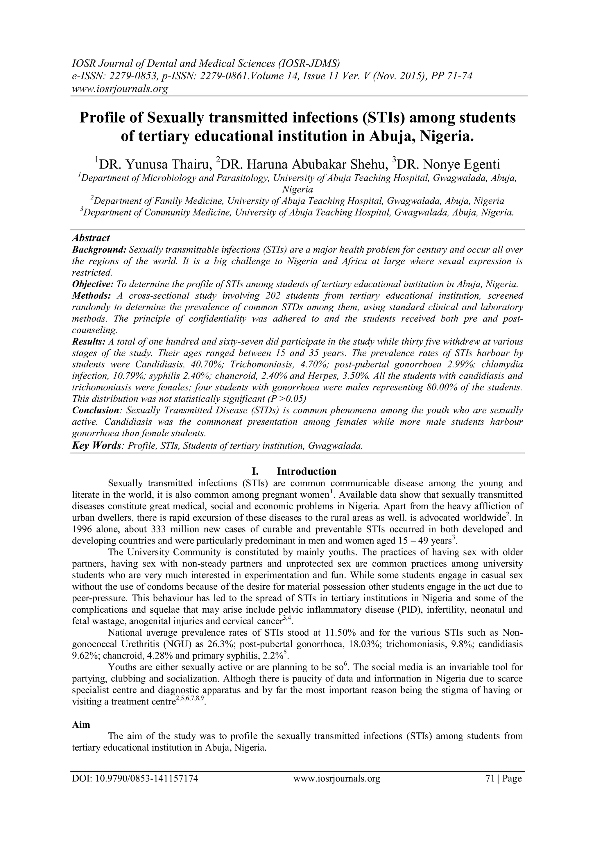 Profile of Sexually transmitted infections (STIs) among students of ...